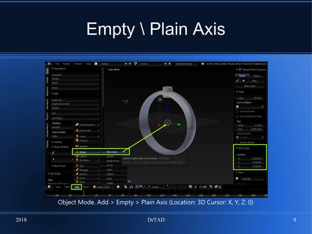 DrTAD Blender software. Example 6b. 3D Modeling of Gold Ring. Boolean. Array (Circular) Modifier ...
