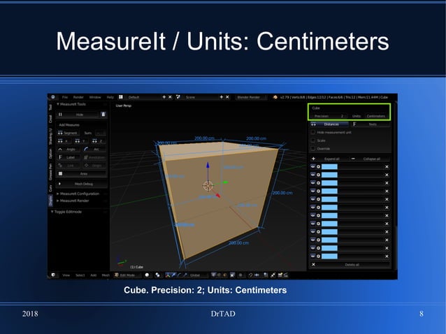 DrTAD Blender software. Example 10. Technical Documentation with MeasureIt. Dimensions ...