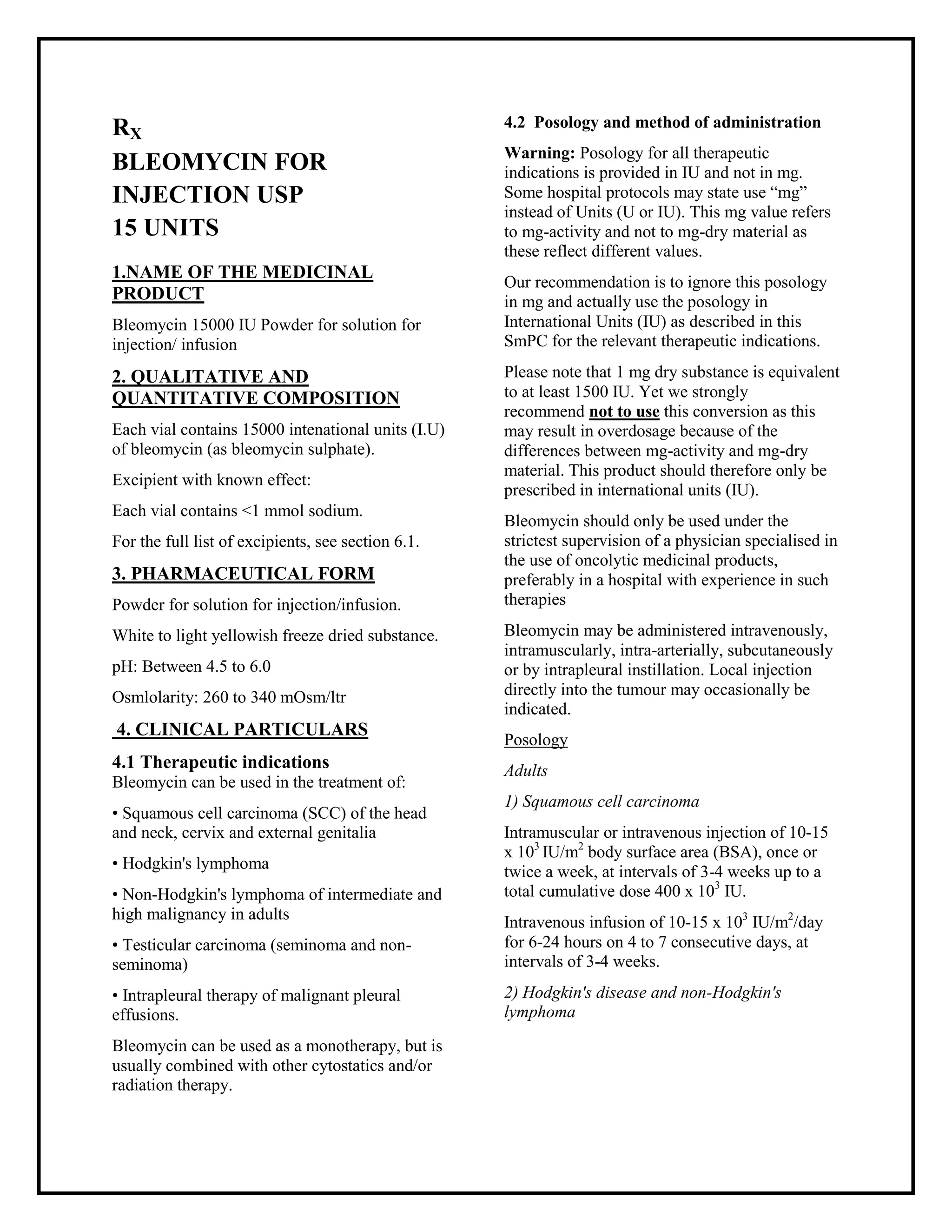 Bleomycin 15000 iu powder for solution for injection infusion smpc taj pharmaceuticals | PDF