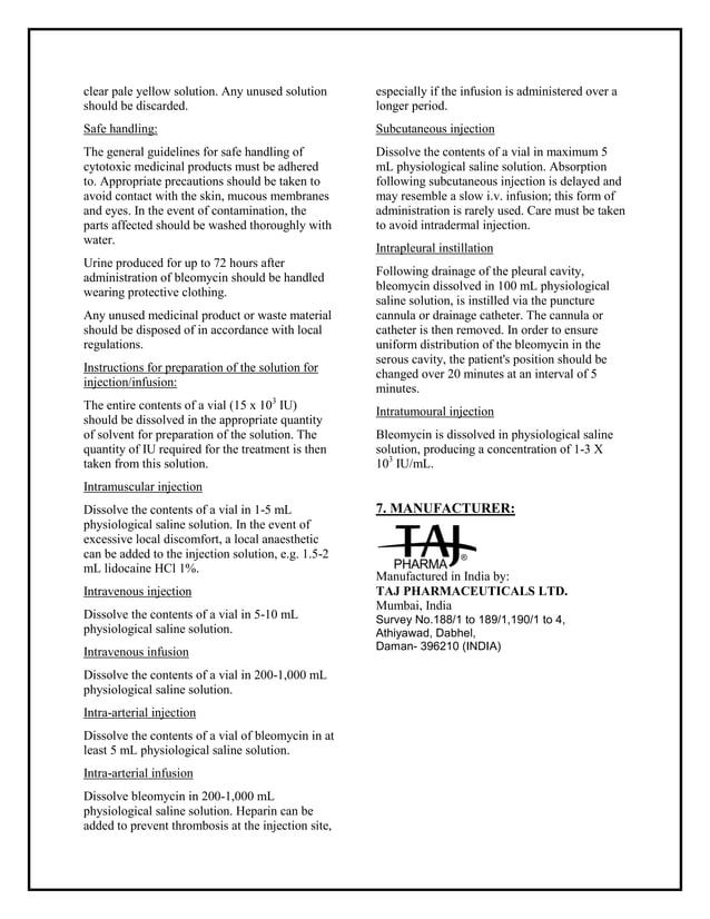 Bleomycin 15000 iu powder for solution for injection infusion smpc taj ...