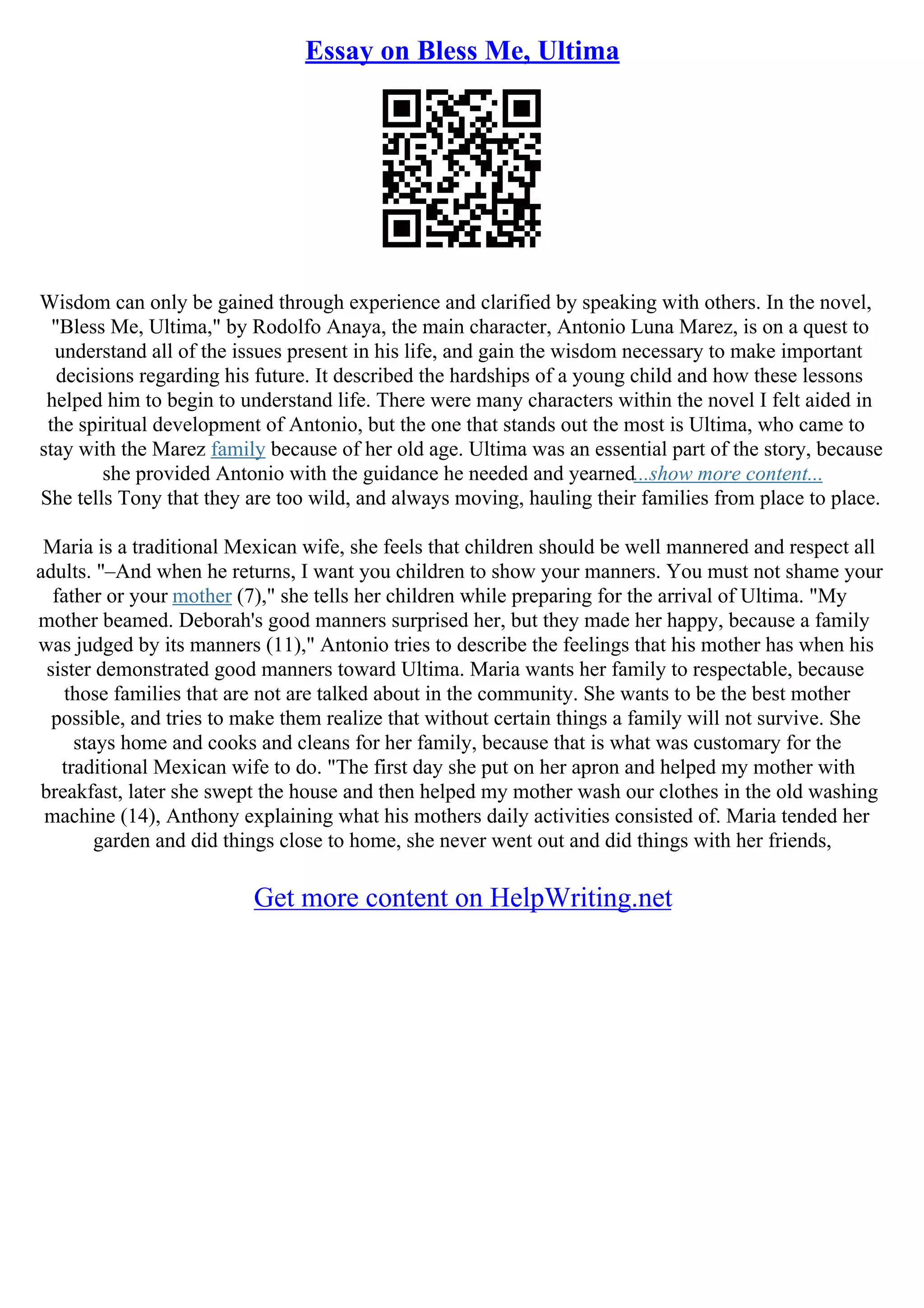 Bless Me Ultima Essay | PDF