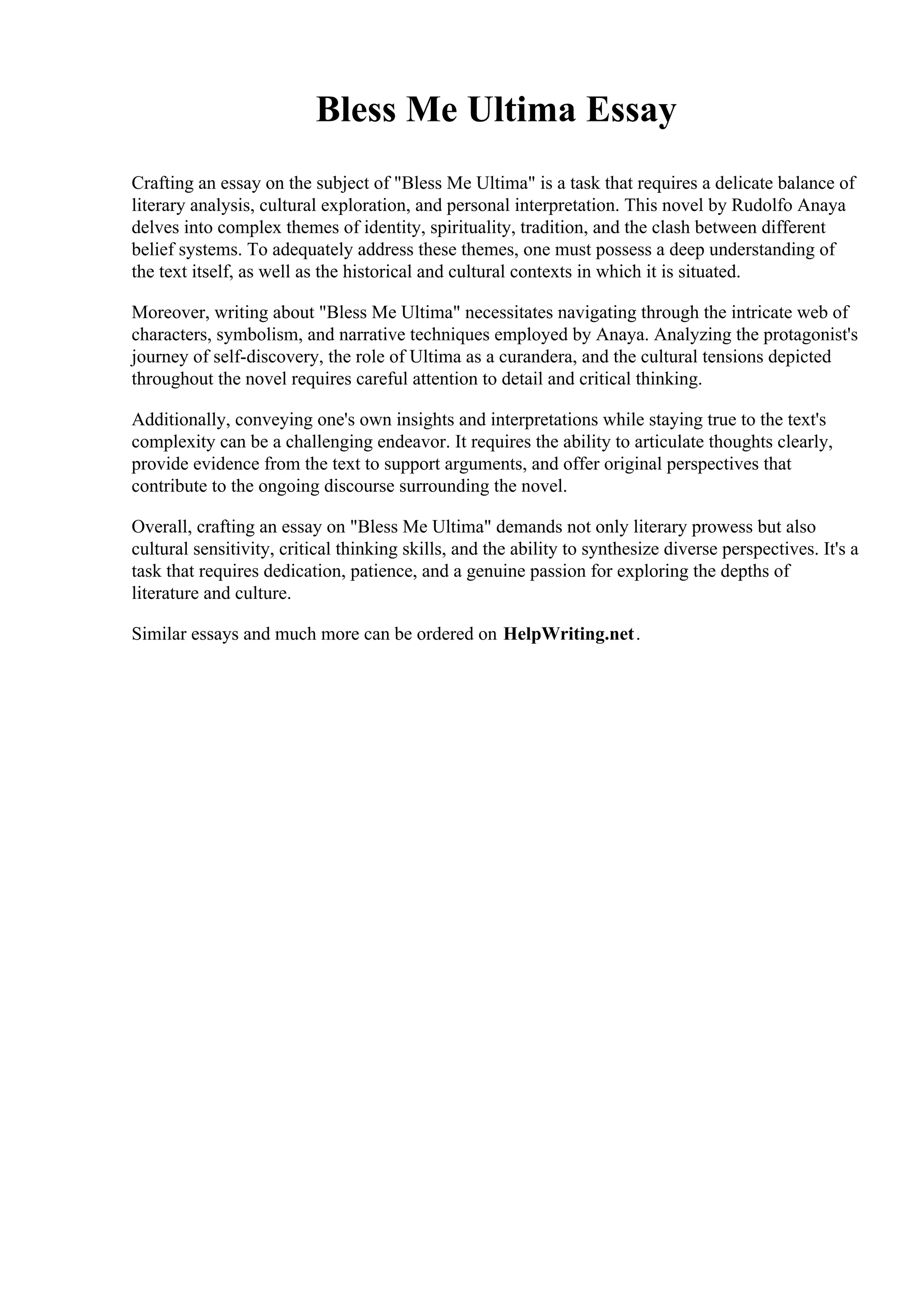 Bless Me Ultima Essay. Xavier University | PDF