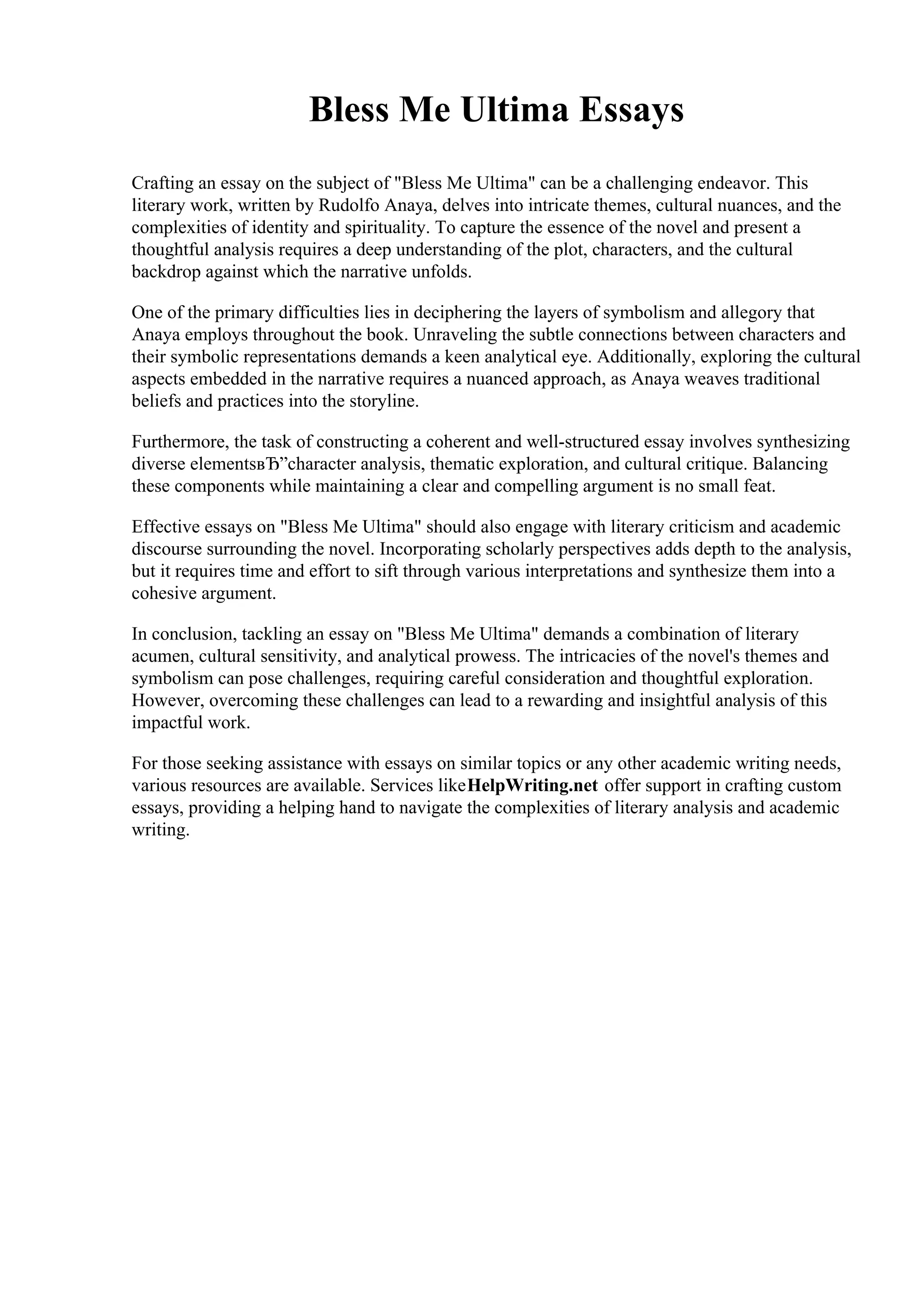 Bless Me Ultima Essays | PDF