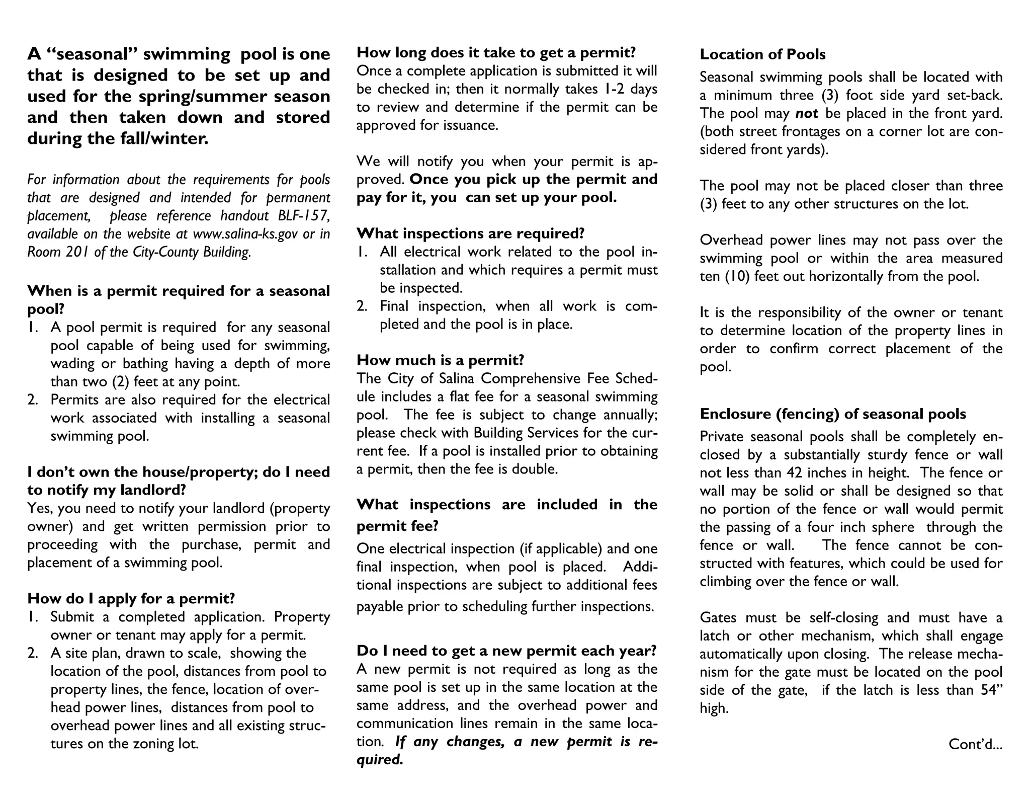 City of Salina Brochure-Seasonal Swimming Pools | PDF