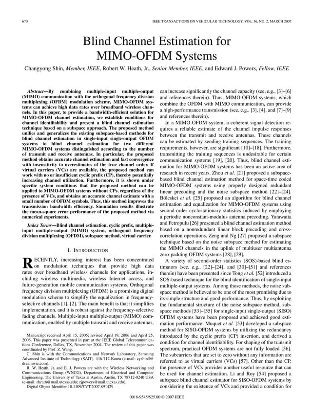 Blind channel estimation for mimo ofdm systems | PDF