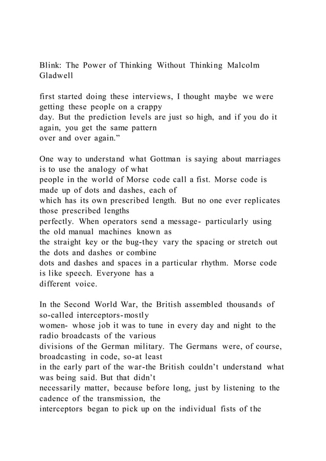 Blink The Power of Thinking Without Thinking Malcolm Gladwell | PDF