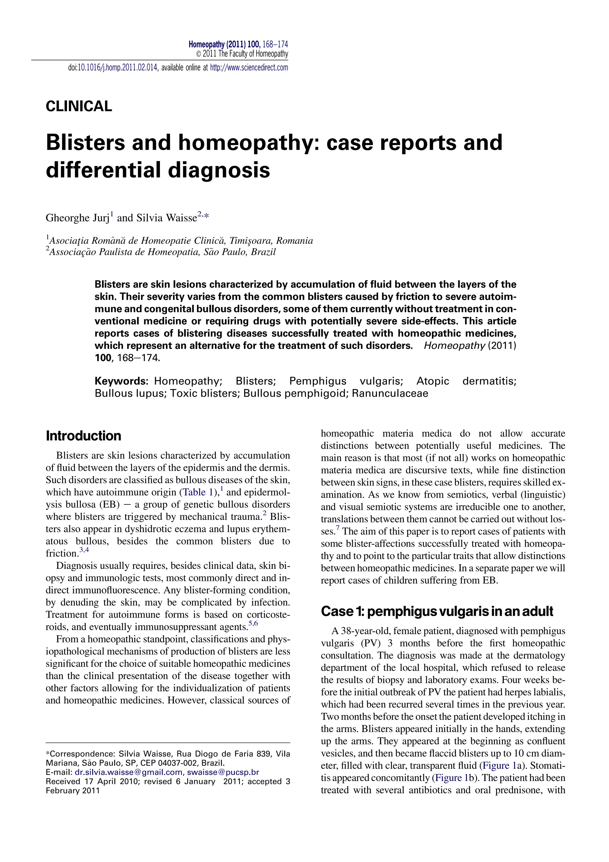Blisters and homeopathy: case reports and differential diagnosis | PDF
