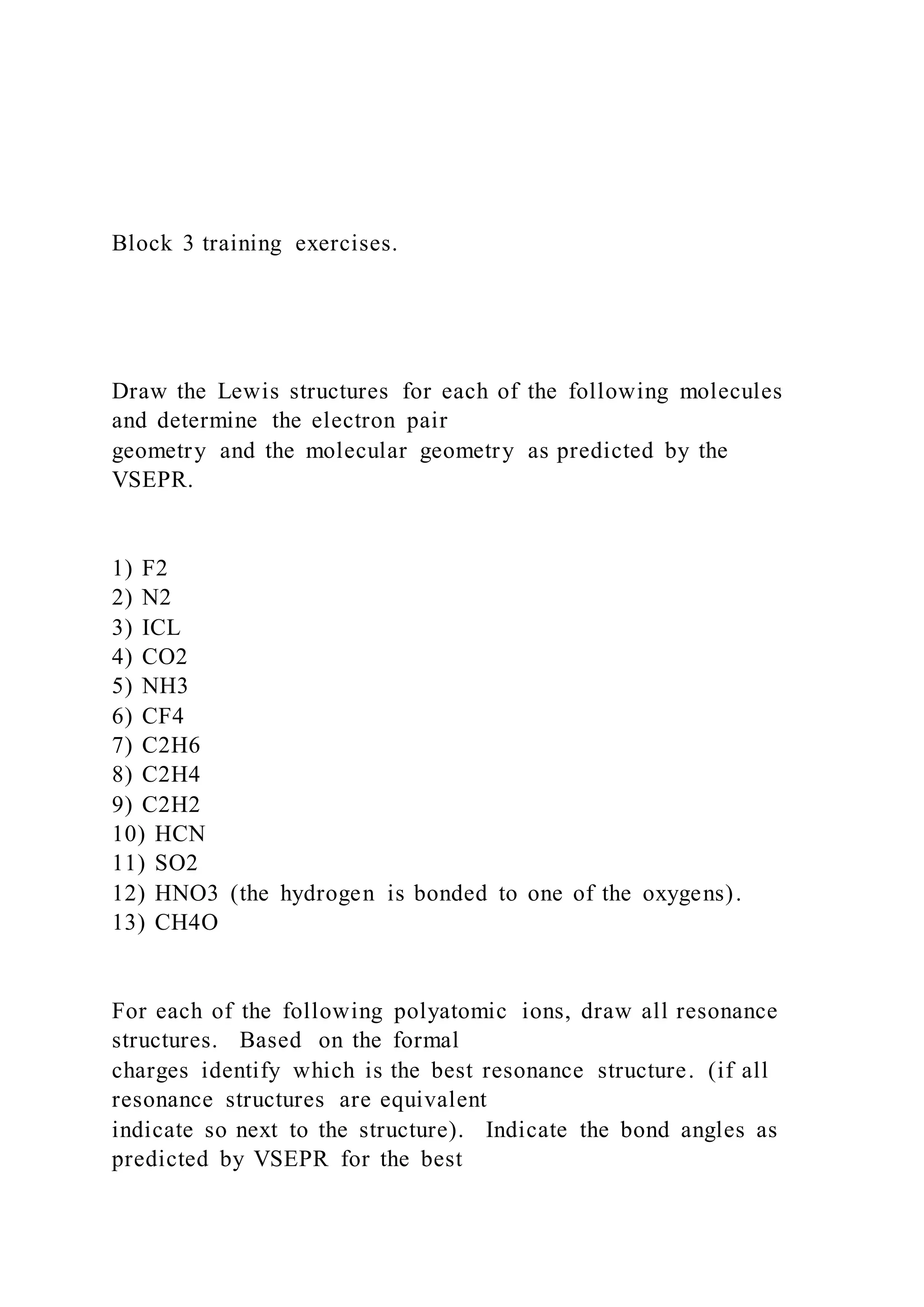 Block 3 training exercises. Draw the Lewis struct | DOCX