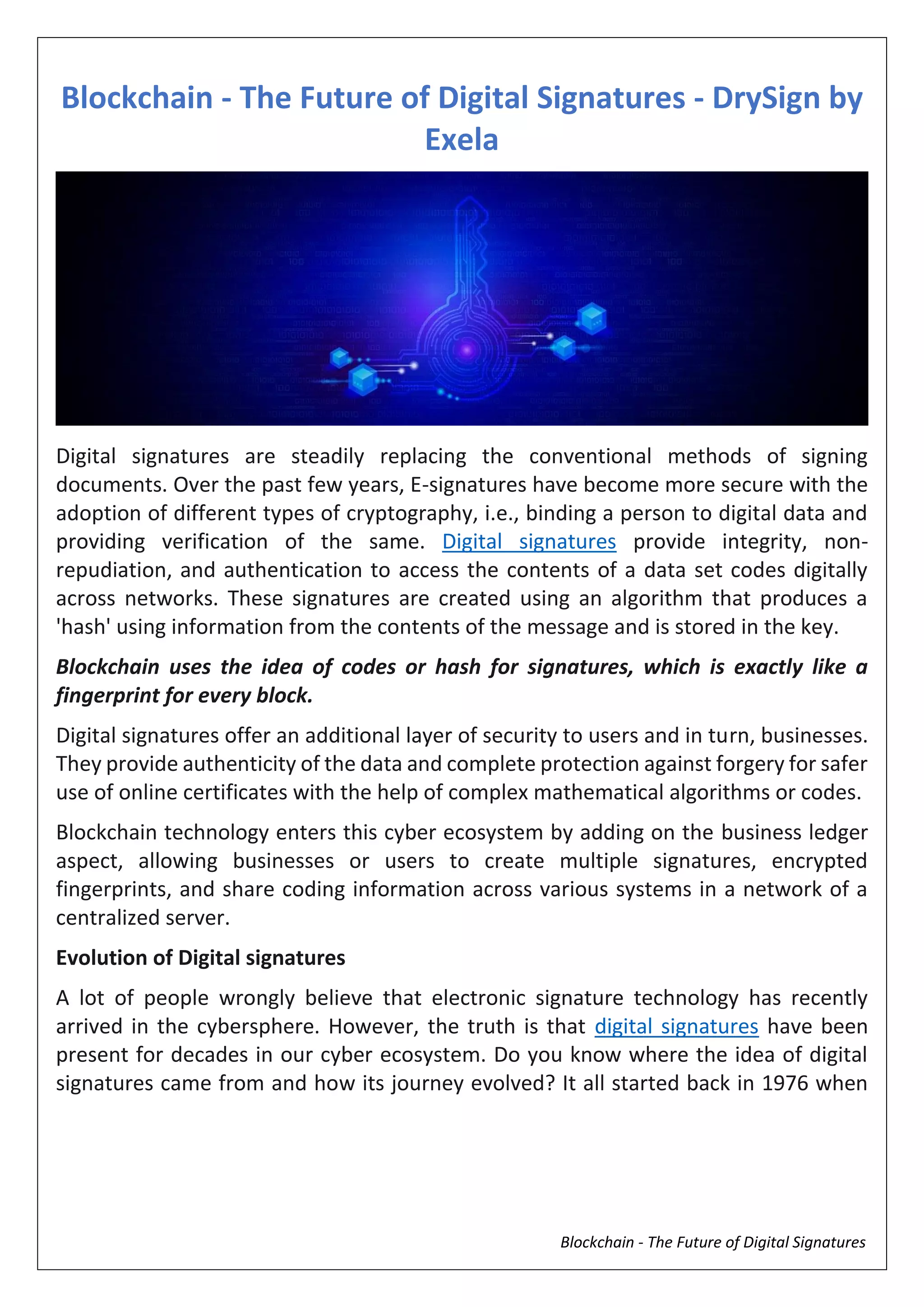 Blockchain - The Future of Digital Signatures - DrySign by Exela | PDF