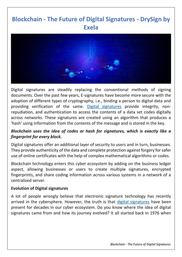 Blockchain - The Future of Digital Signatures - DrySign by Exela | PDF