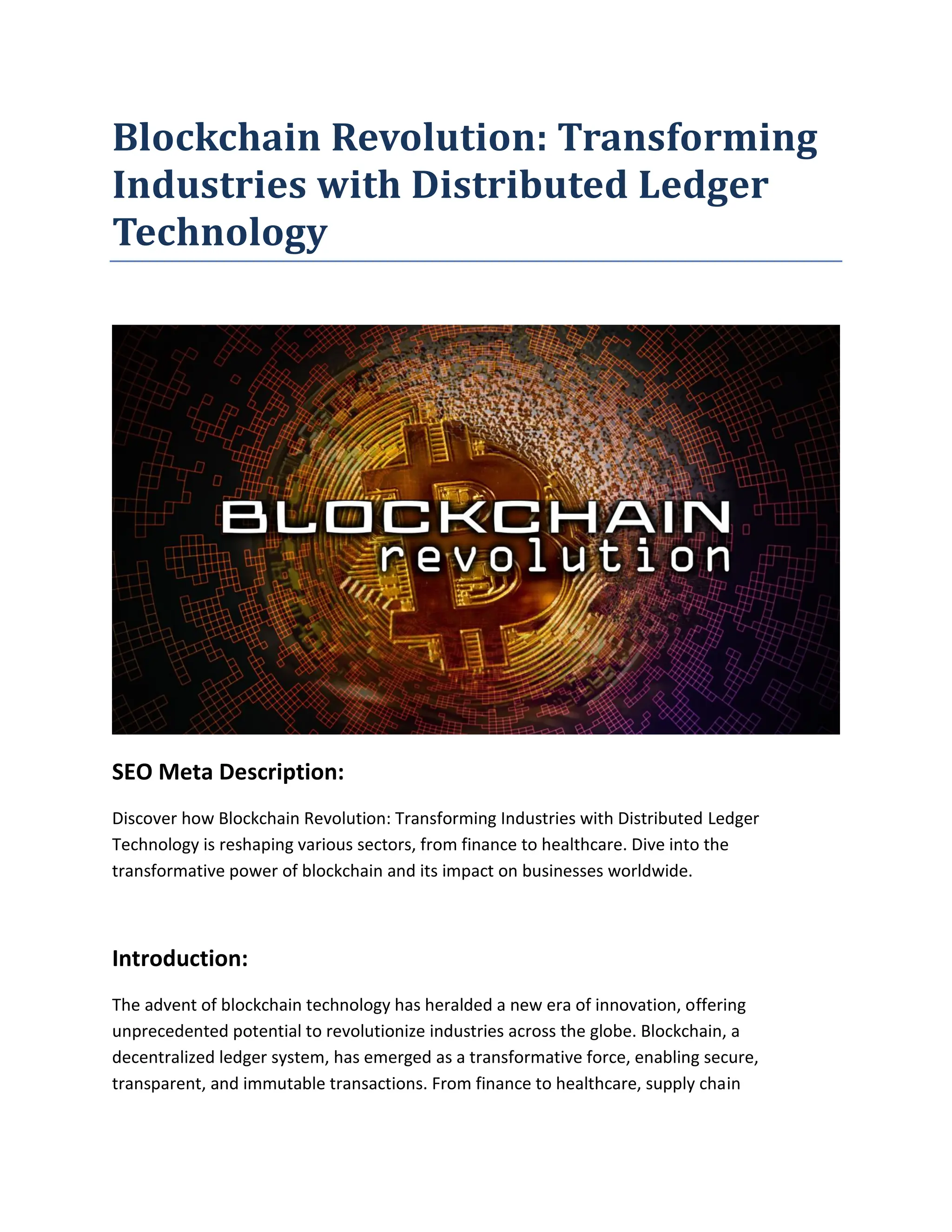 Blockchain Revolution Transforming Industries with Distributed Ledger Technology | PDF