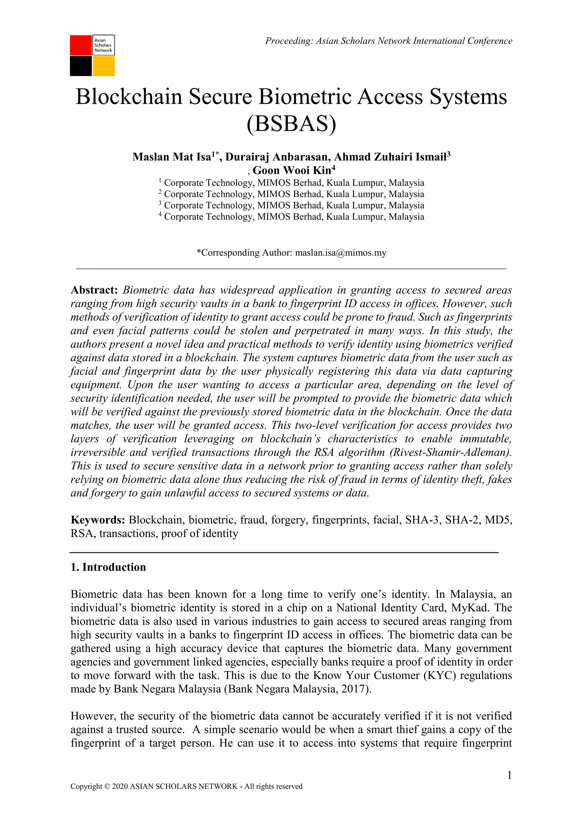 Blockchain secure biometric access systems (bsbas) | PDF