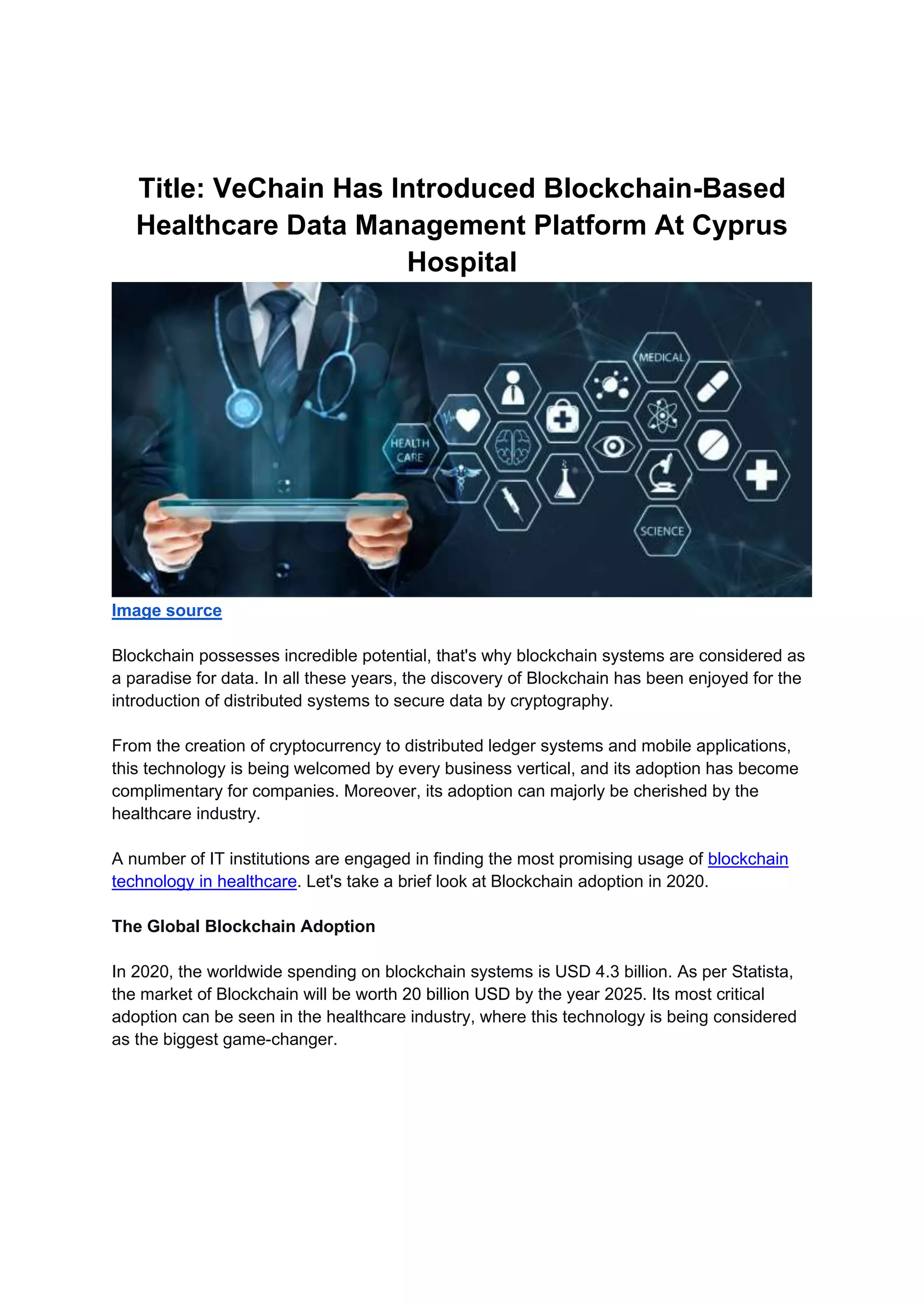 Blockchain system in healthcare | Vechain Introduced Data Management System at Cyprus Hospital | PDF