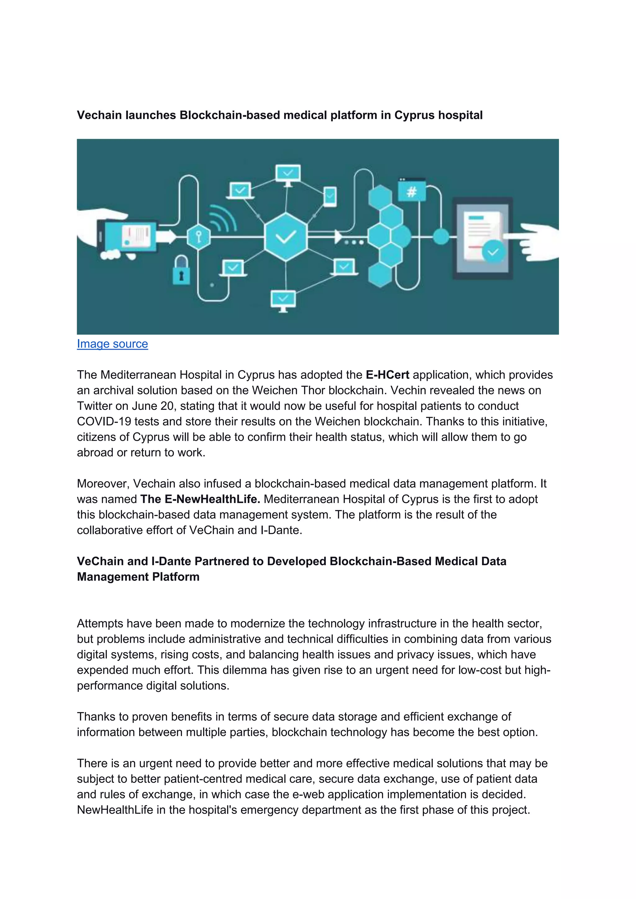 Blockchain system in healthcare | Vechain Introduced Data Management System at Cyprus Hospital | PDF