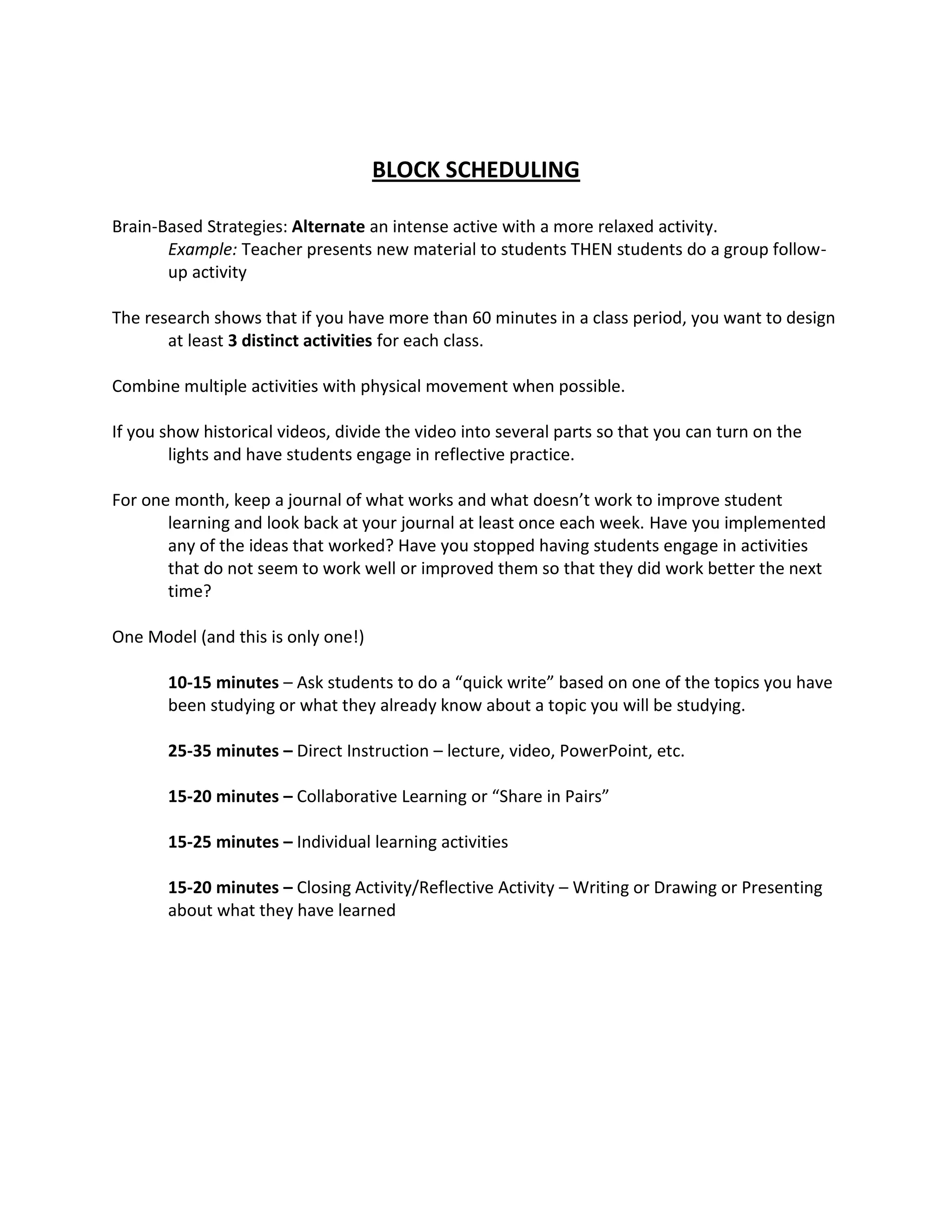 Block Scheduling Pdf 