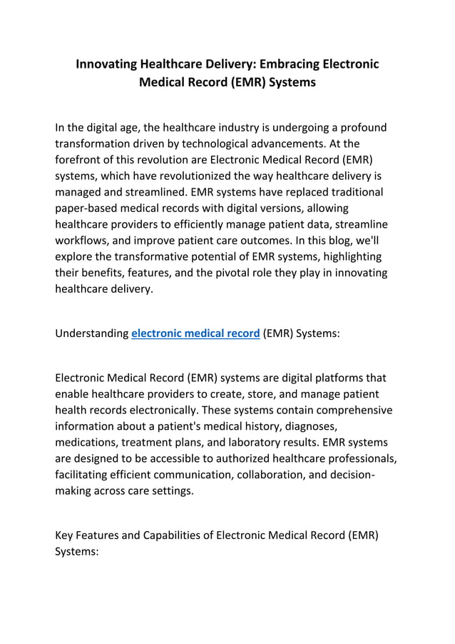 Innovating Healthcare Delivery: Embracing Electronic Medical Record ...