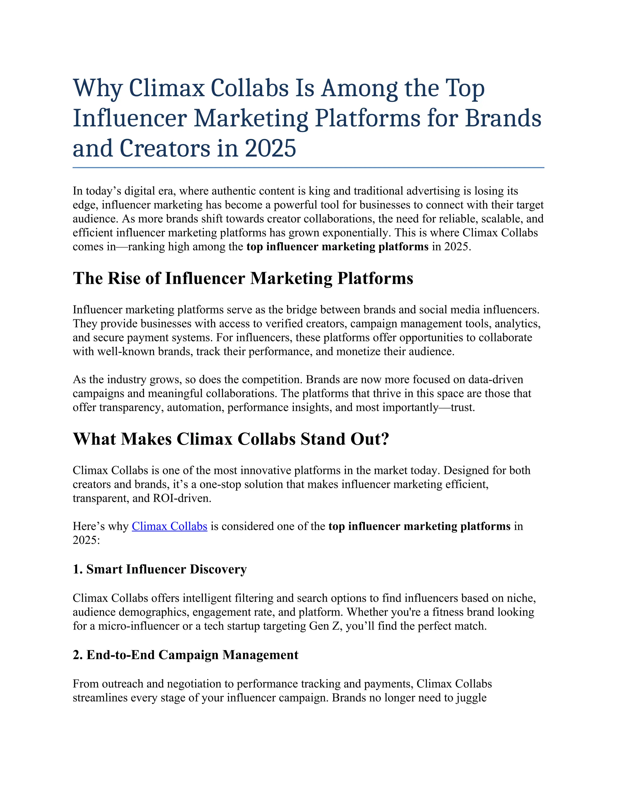 Top Influencer Marketing Platforms for 2025 – Why Climax Collabs Stands Out | PDF