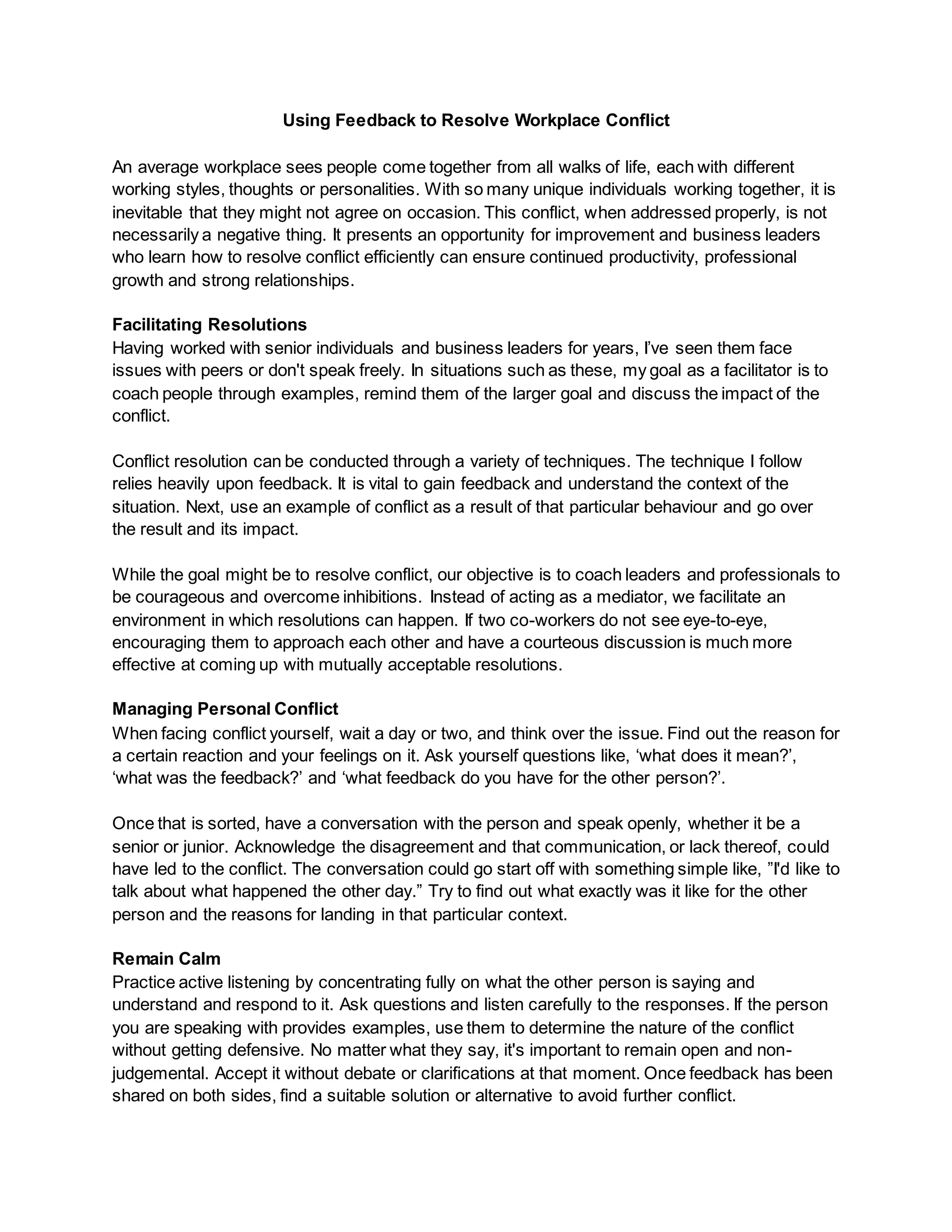 Using Feedback to Resolve Workplace Conflict | DOCX