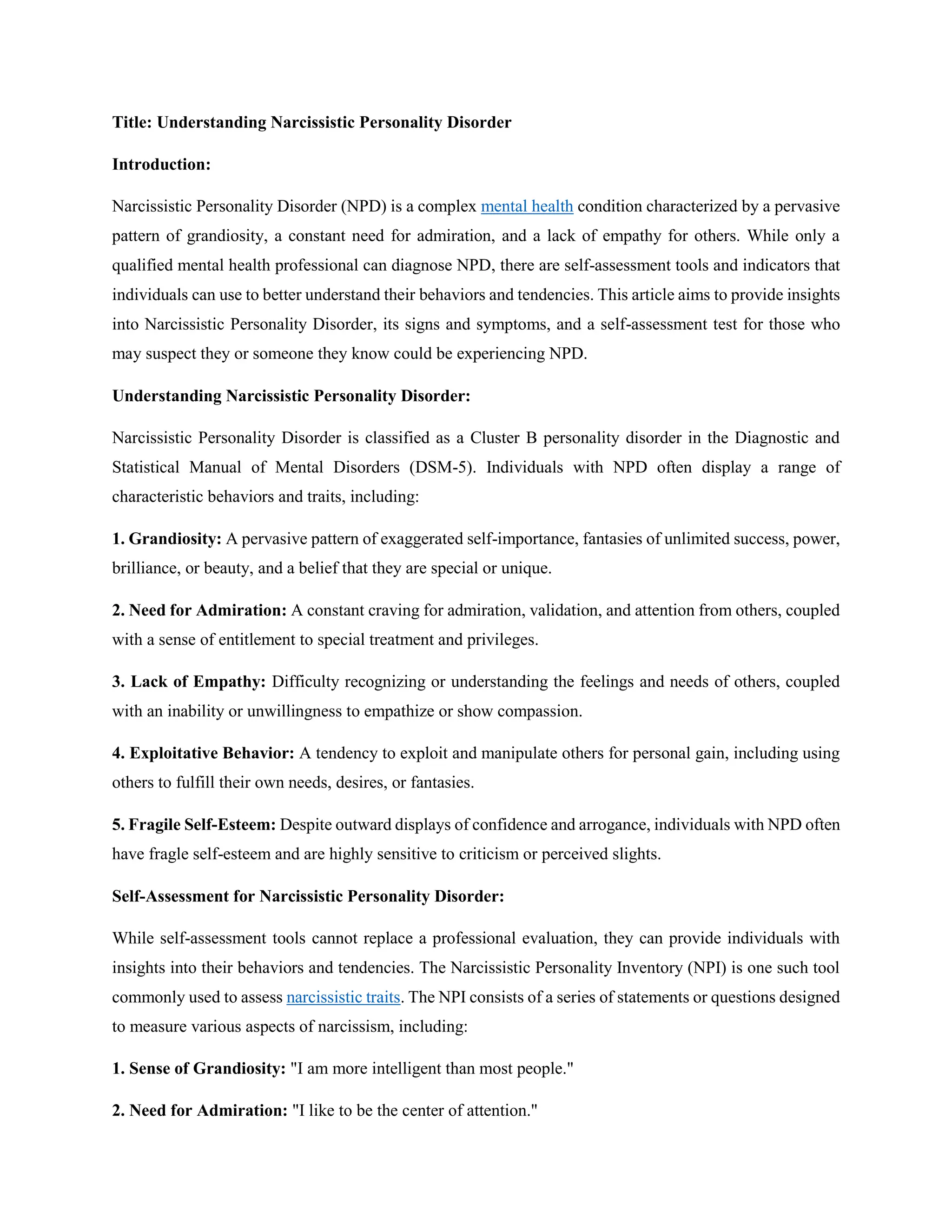 Understanding Narcissistic Personality Disorder | PDF