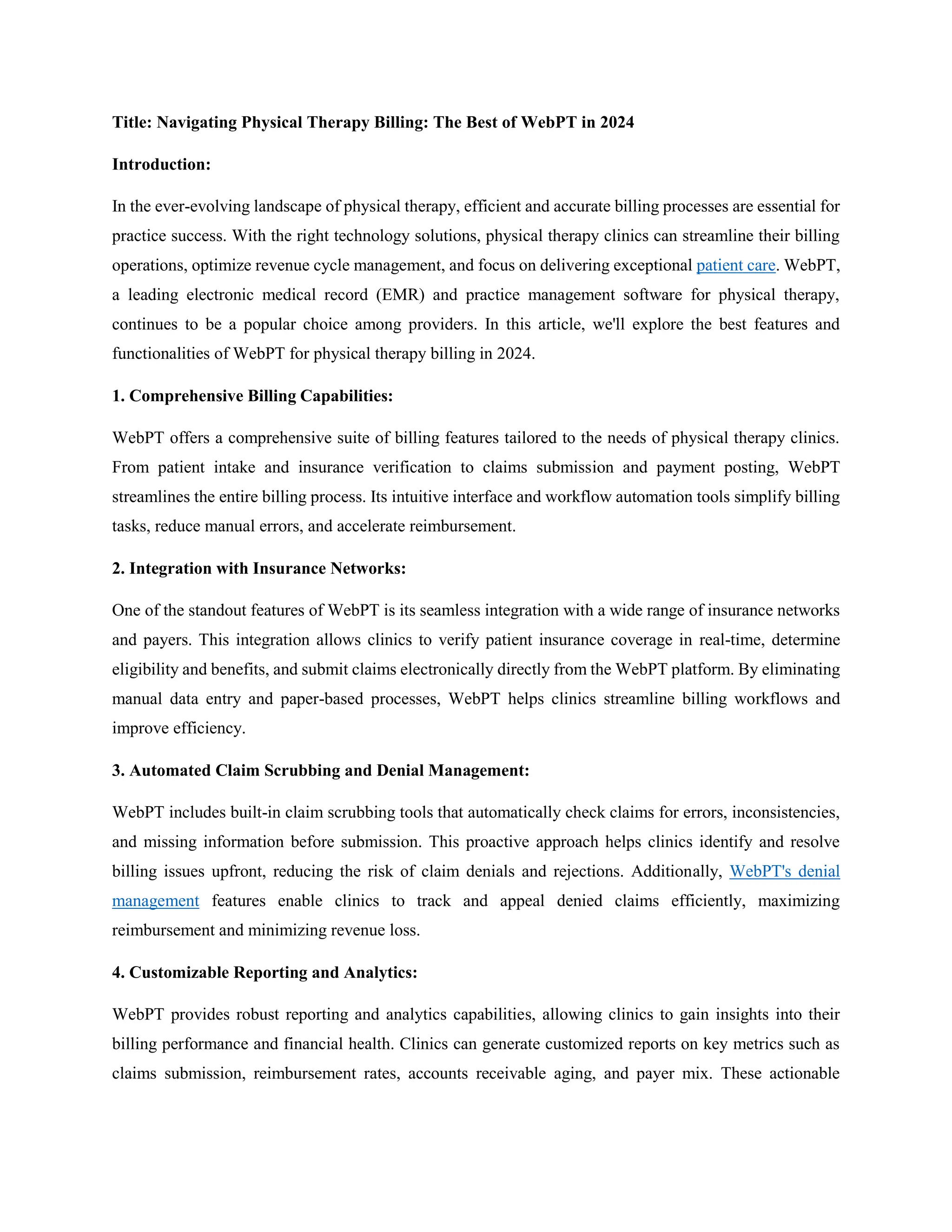 Navigating Physical Therapy Billing: The Best of WebPT in 2024 | PDF