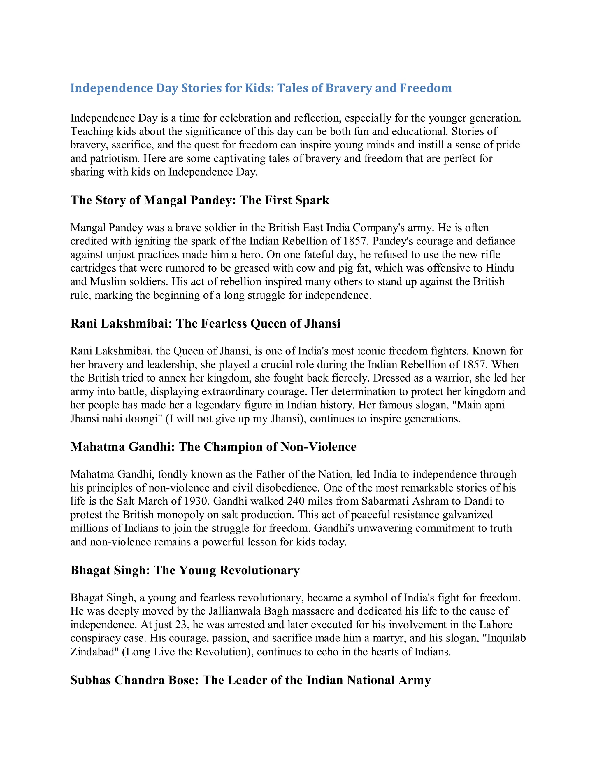 Independence Day Stories for Kids: Tales of Bravery and Freedom | PDF