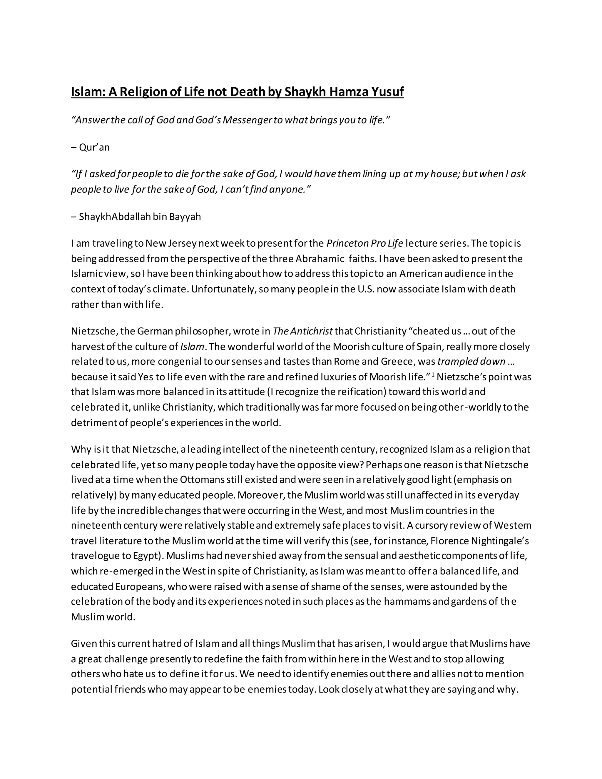 Islam: A Religion of Life not Death by Shaykh Hamza Yusuf | DOCX