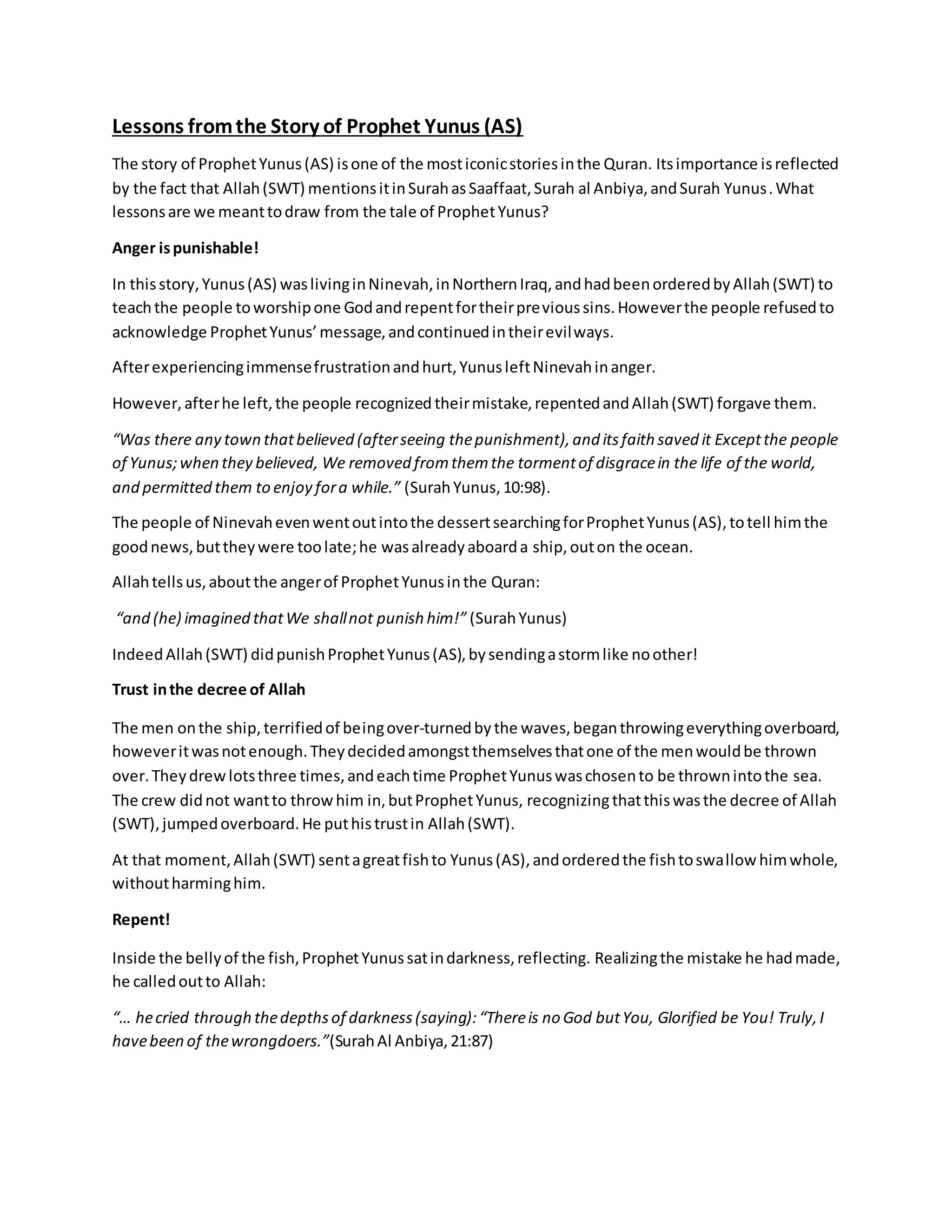 Lessons from the Story of Prophet Yunus (AS) | DOCX