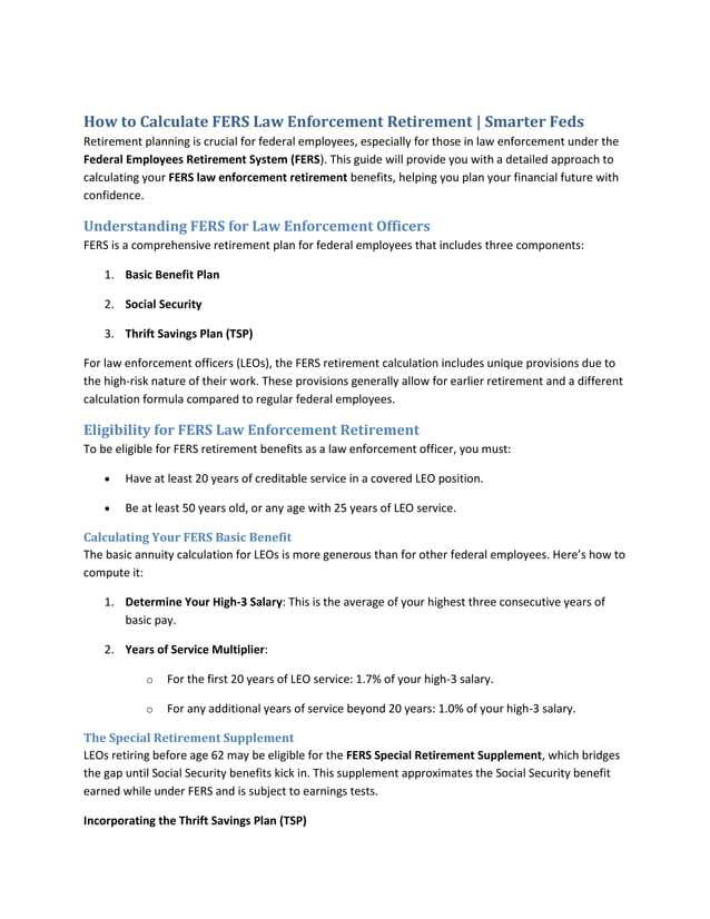 How to Calculate FERS Law Enforcement Retirement | Smarter Feds | PDF