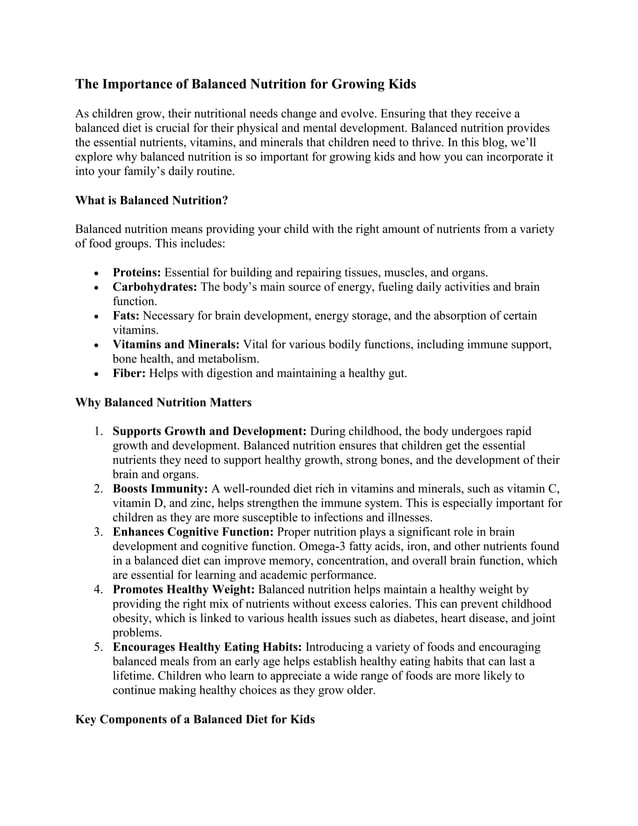 The Importance of Balanced Nutrition for Growing Kids | PDF