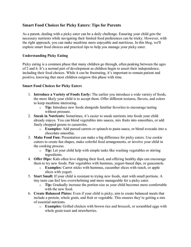 Smart Food Choices for Picky Eaters: Tips for Parents | PDF