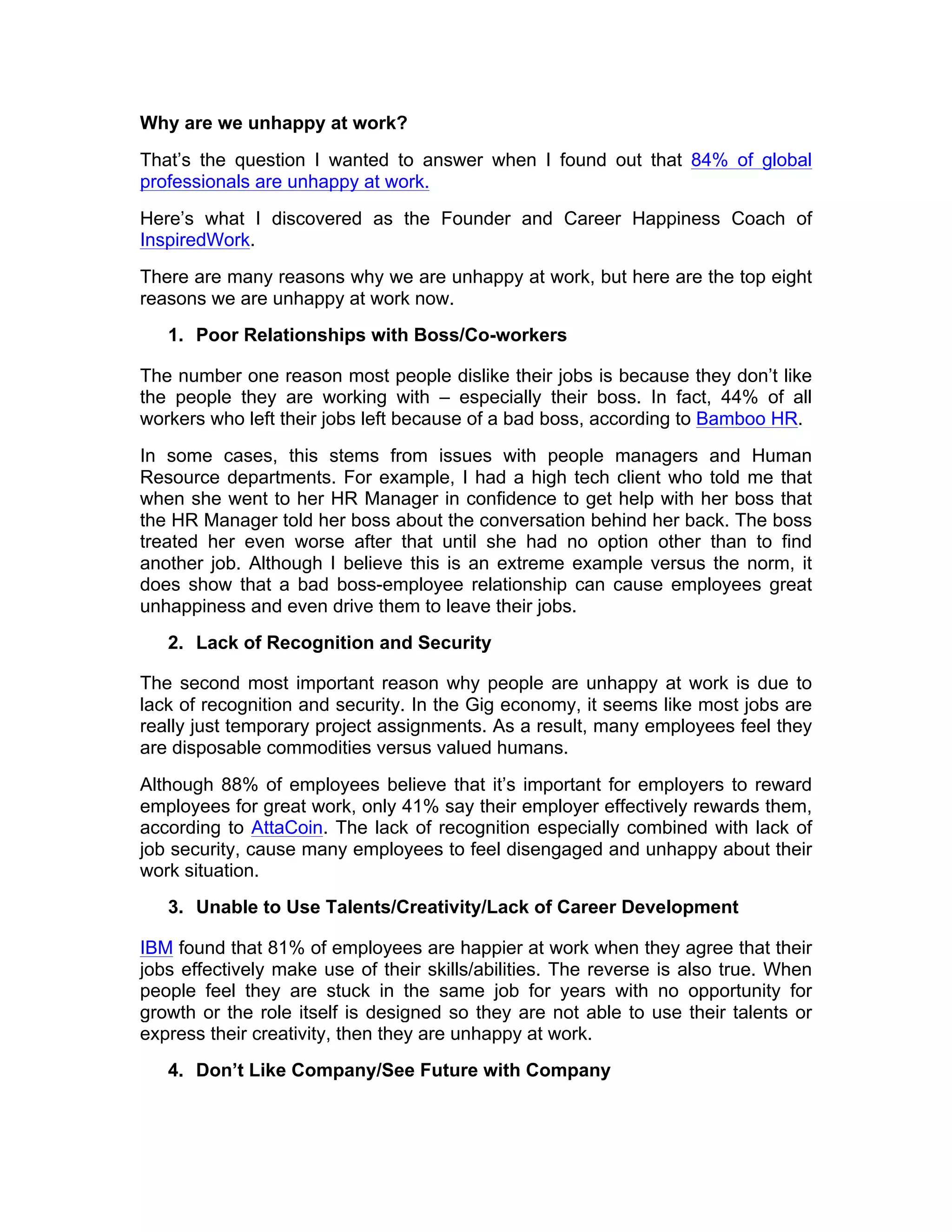 8 Reasons Why We Are Unhappy at Work | PDF