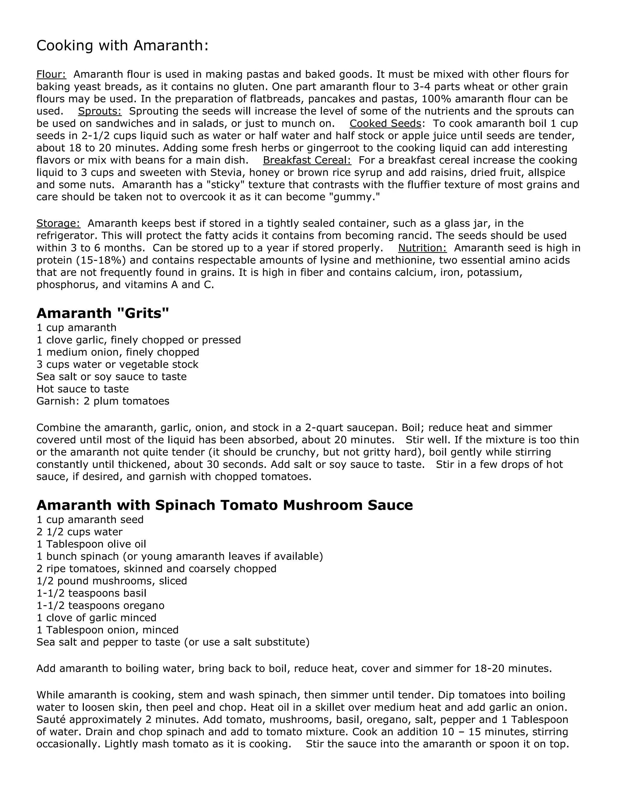 Cooking With Amaranth | DOCX