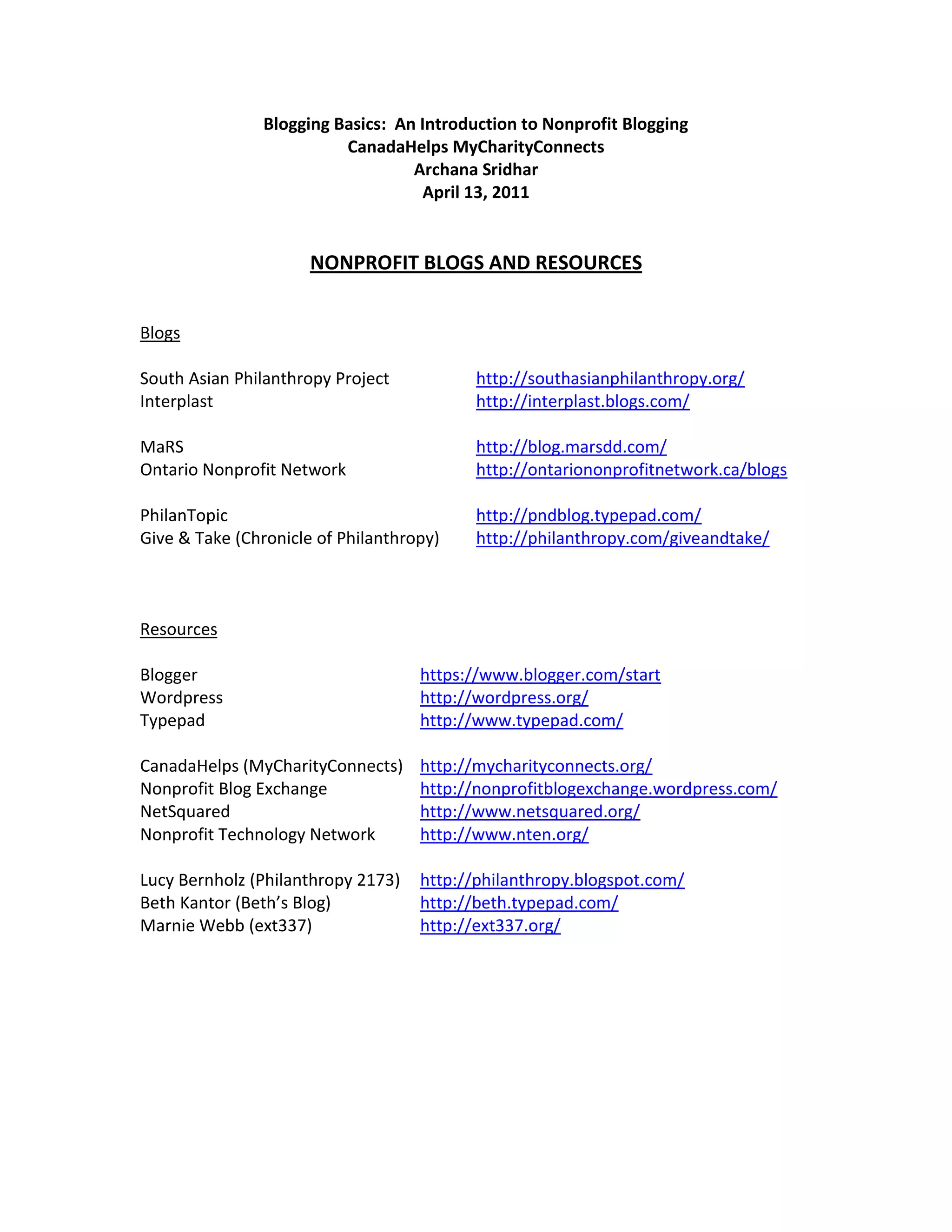 Blogging basics webinar handout | PDF