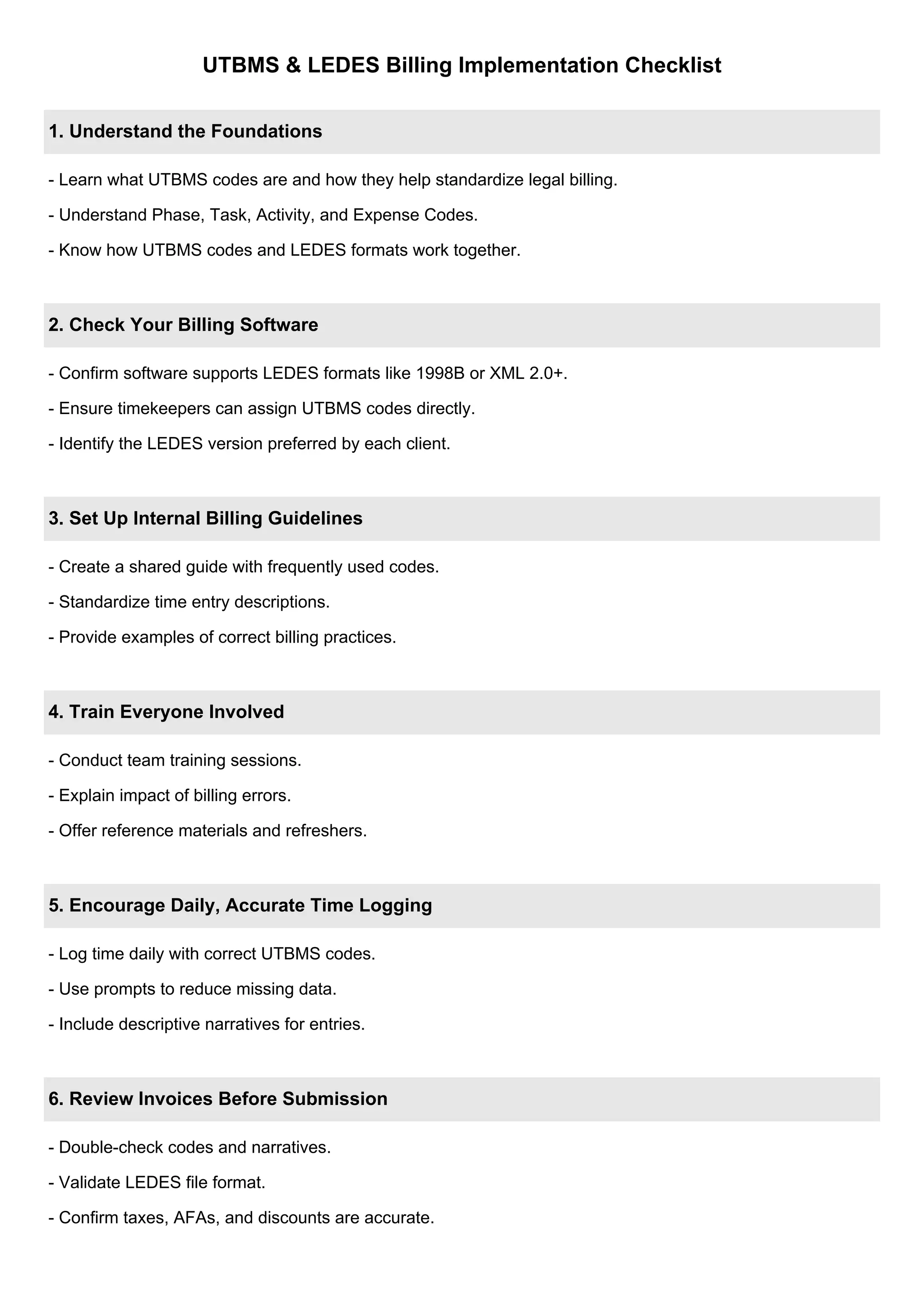 UTBMS & LEDES Billing Implementation Checklist | PDF