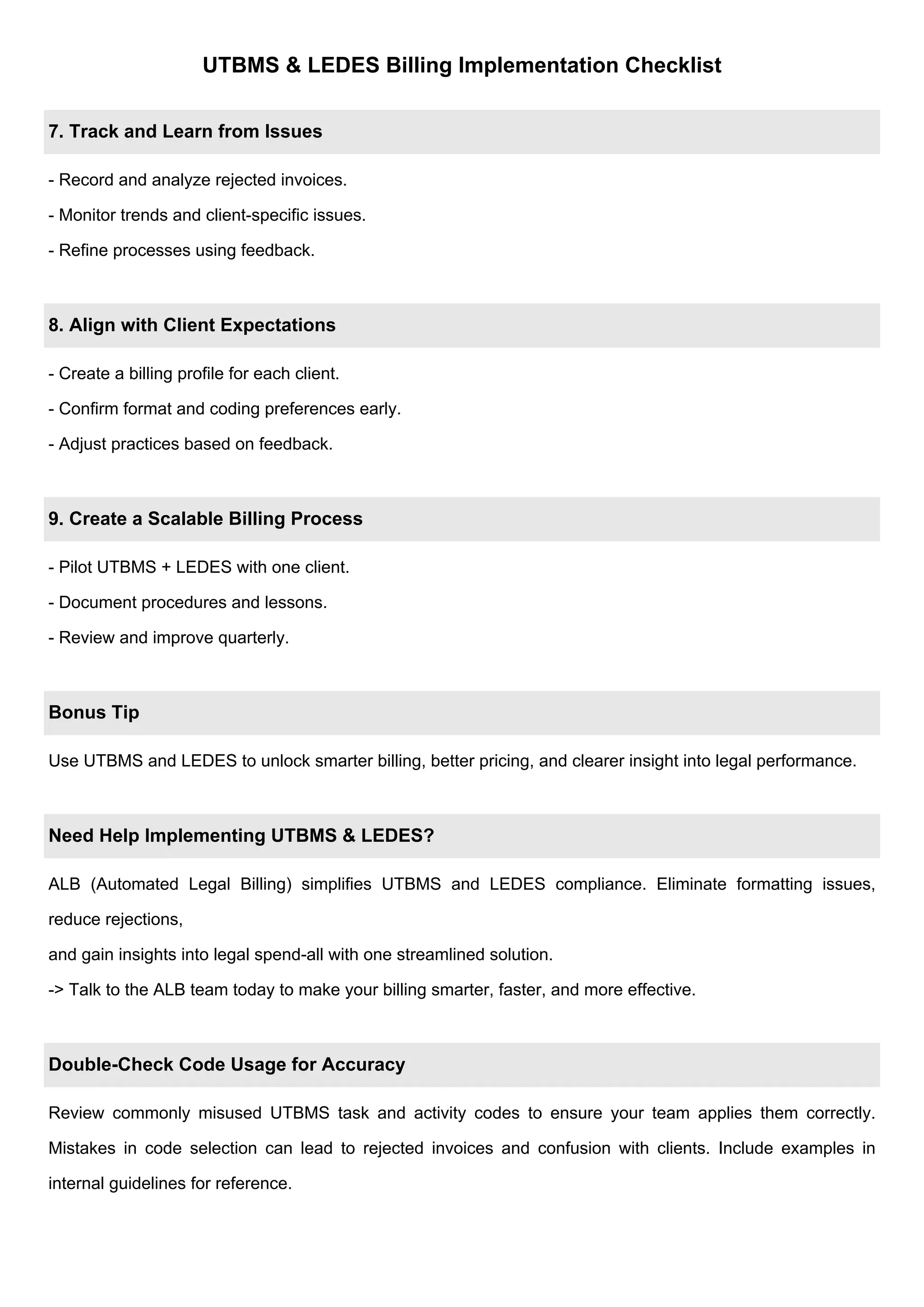 UTBMS & LEDES Billing Implementation Checklist | PDF