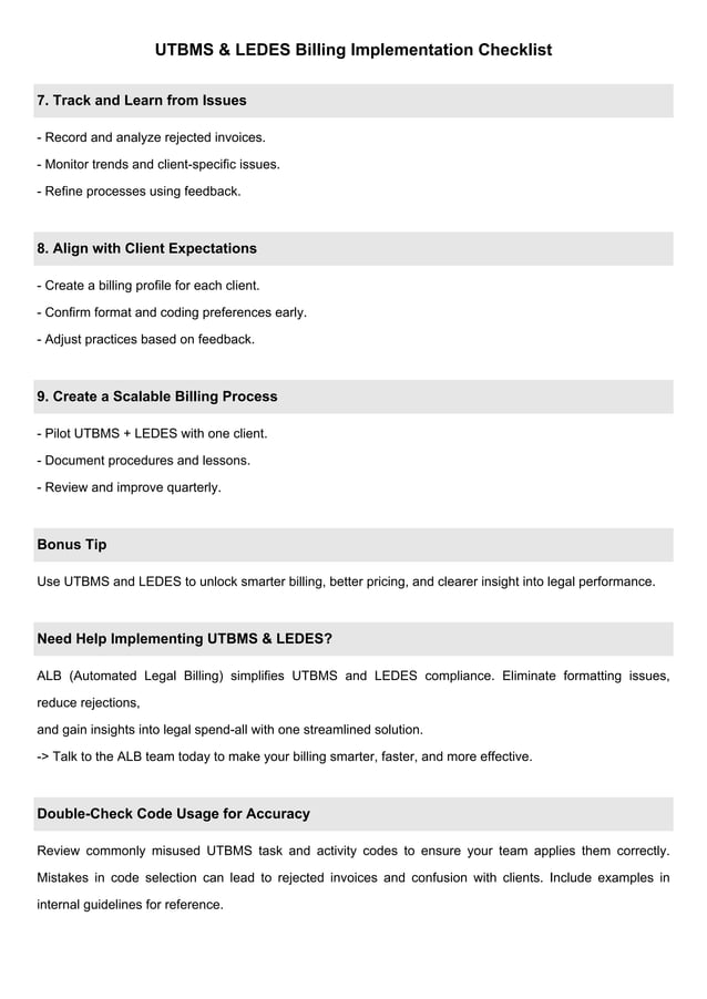UTBMS & LEDES Billing Implementation Checklist | PDF