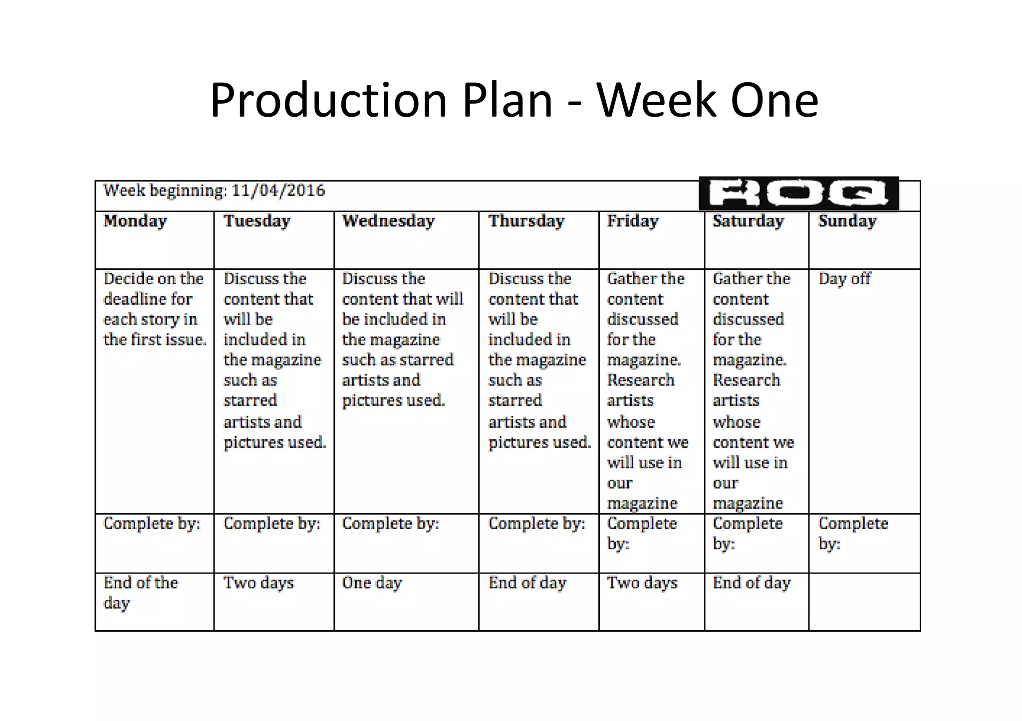 Production Plan/Photoshoot Plan/Location Recce | DOCX