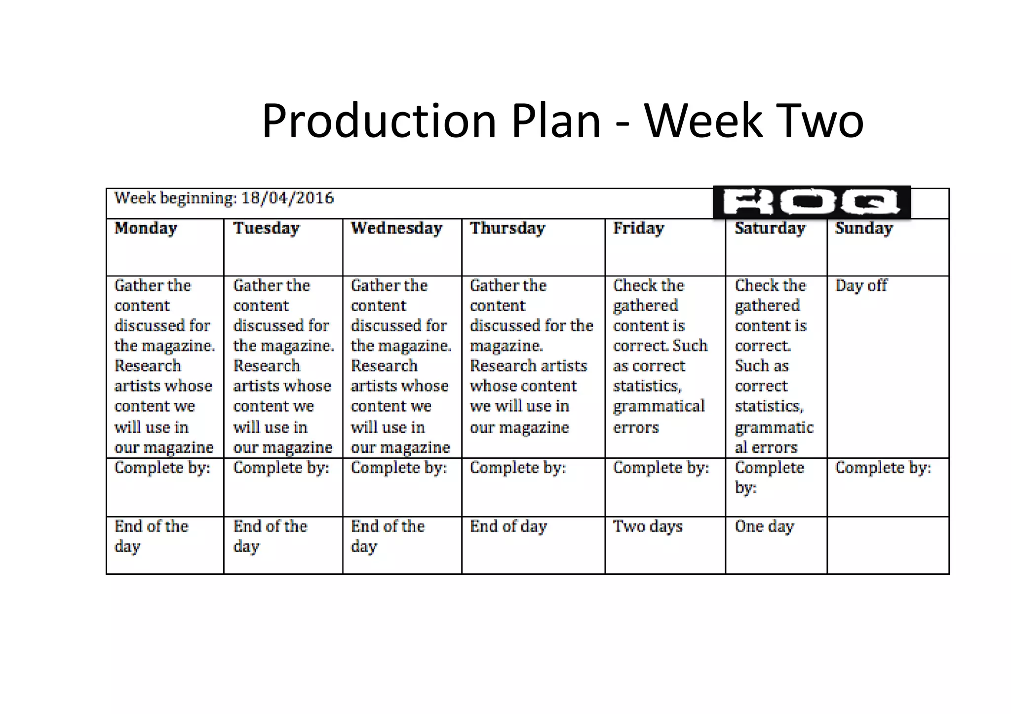 Production Plan/Photoshoot Plan/Location Recce | DOCX