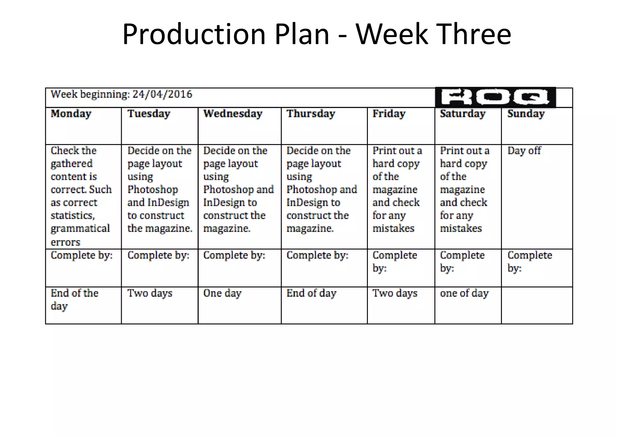 Production Plan/Photoshoot Plan/Location Recce | DOCX