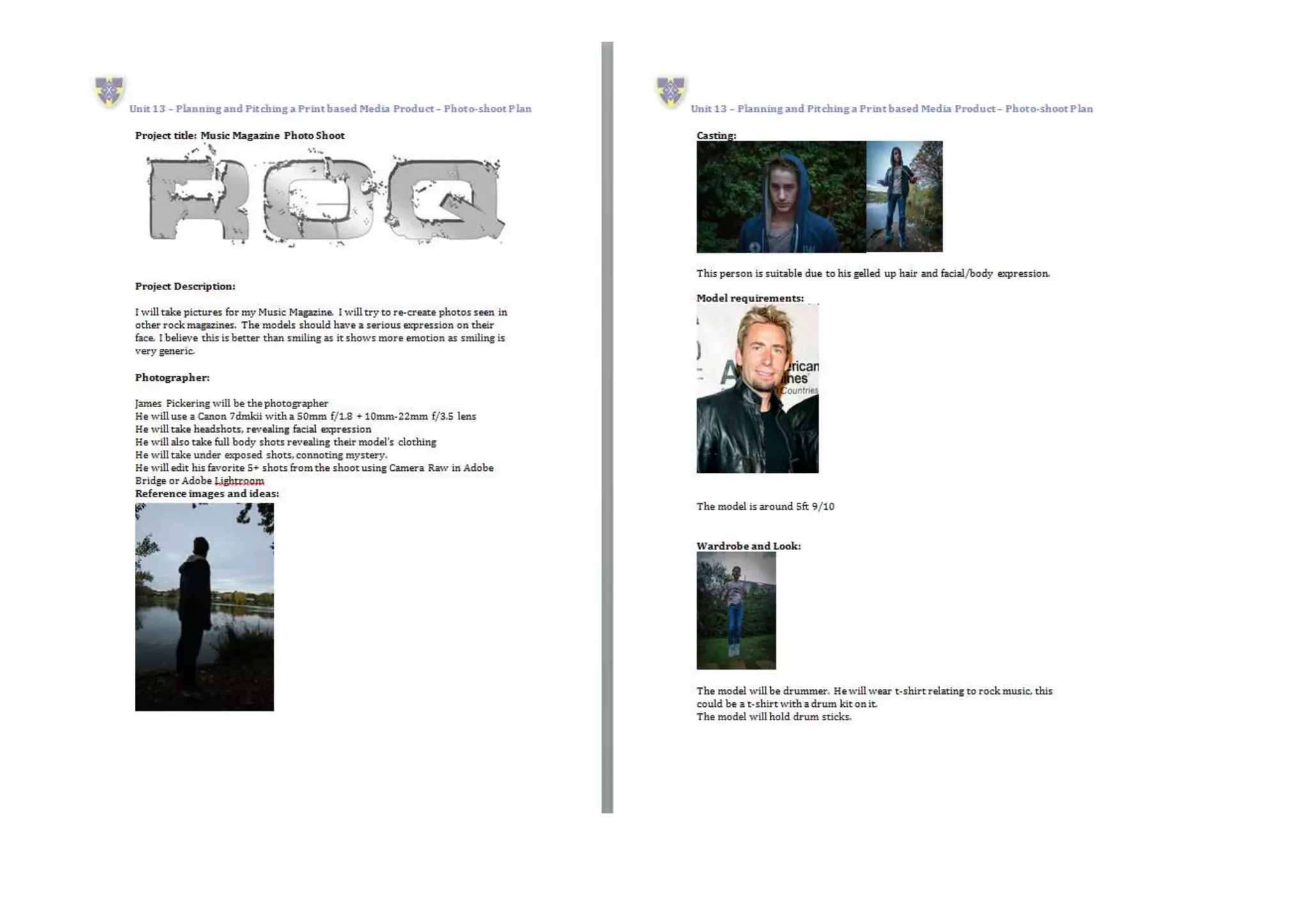 Production Plan/Photoshoot Plan/Location Recce | DOCX