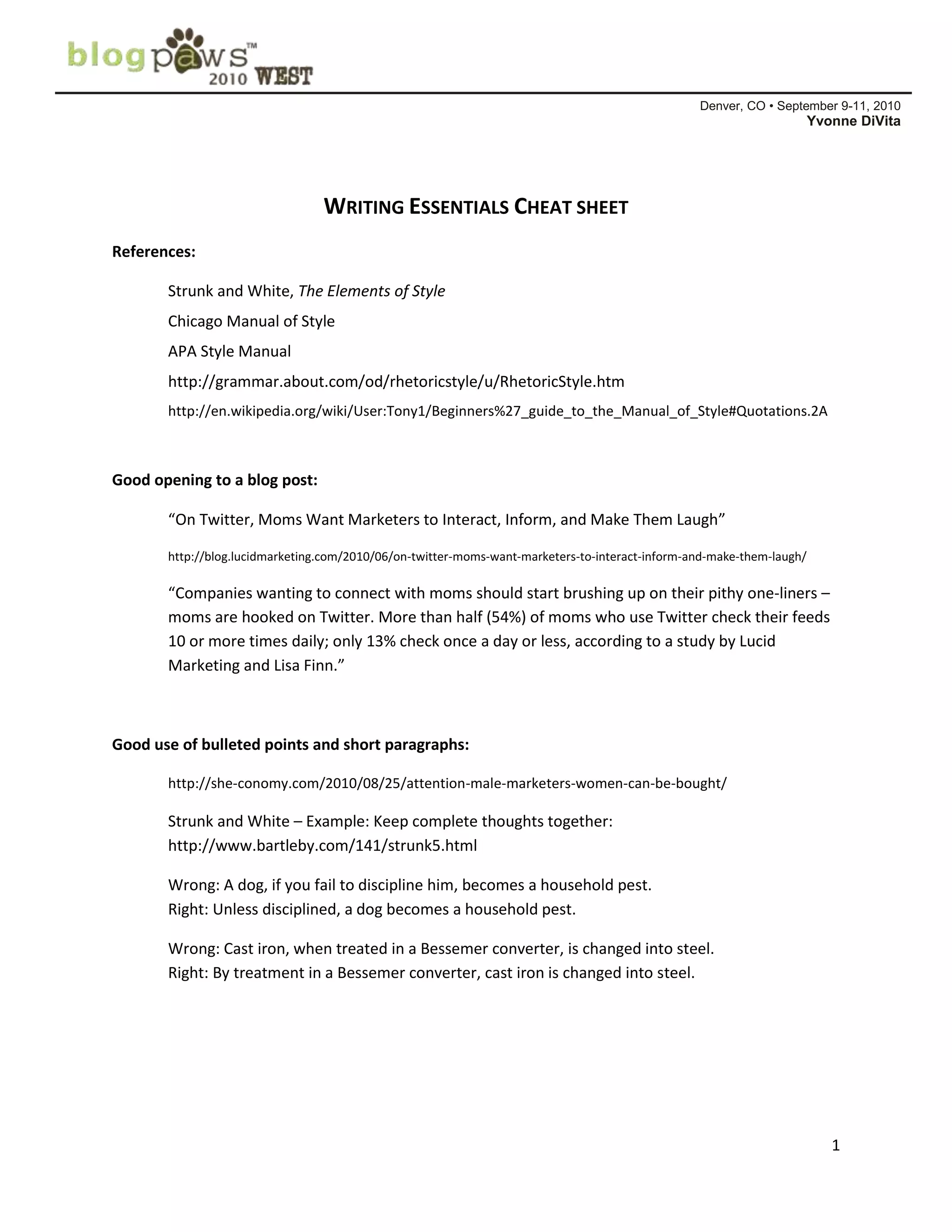 BlogPaws 2010 West - Writing Essentials Cheat Sheet - Yvonne DiVita | PDF