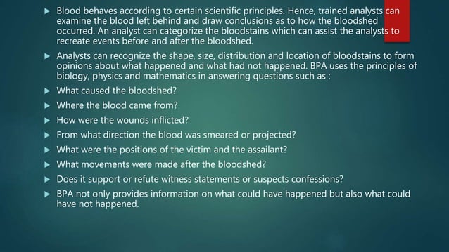 Bloodstain pattern analysis | PPTX | Blood Disorders | Diseases and Conditions