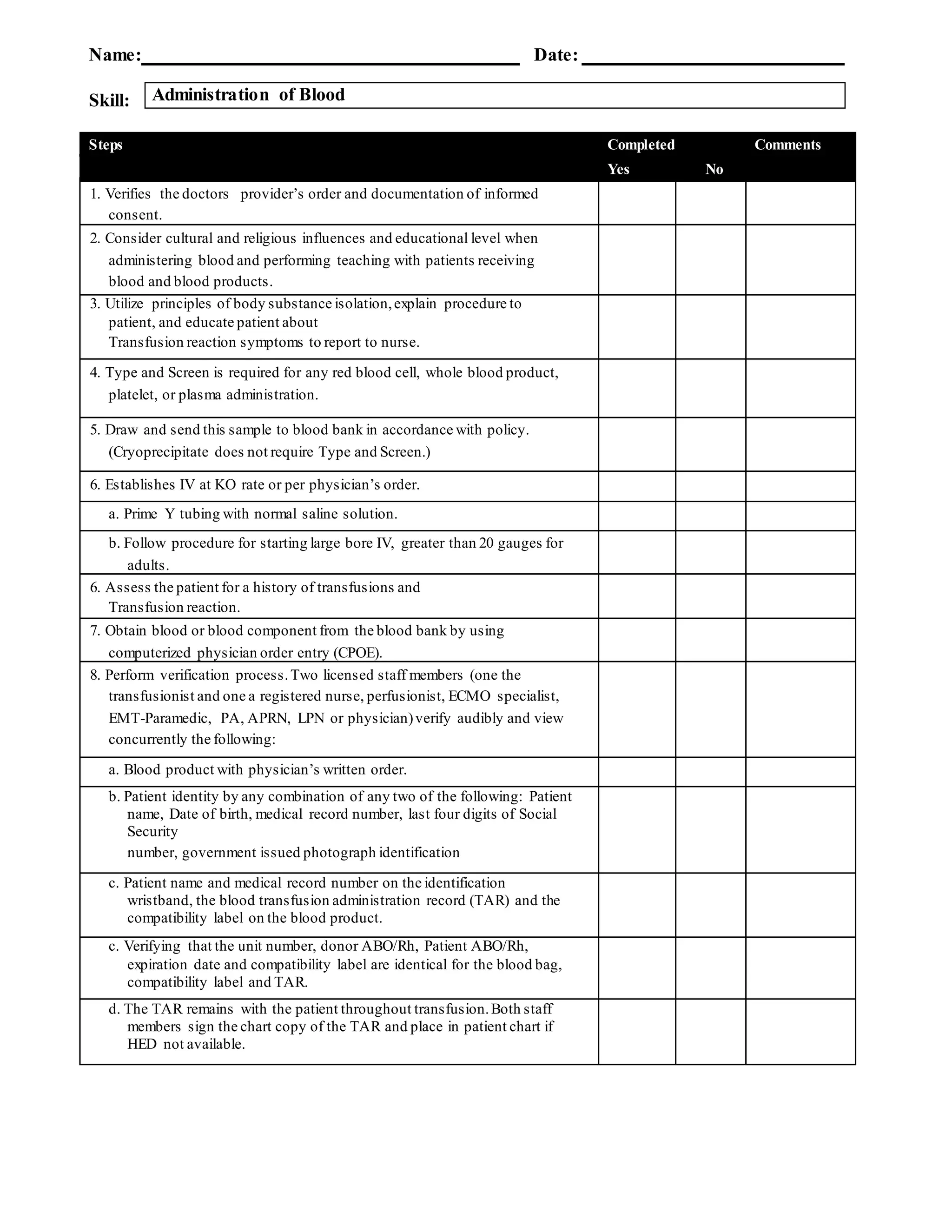 Blood administration checklist | DOCX