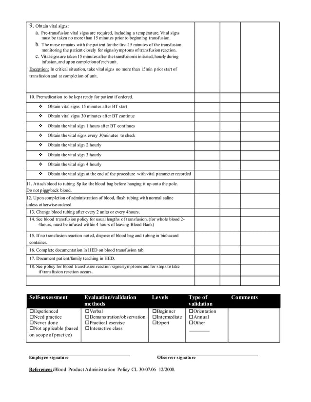 Blood administration checklist | DOCX | First Aid | Injuries