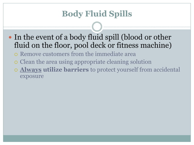 Blood and Body Fluid Spill Management | PPTX | First Aid | Injuries