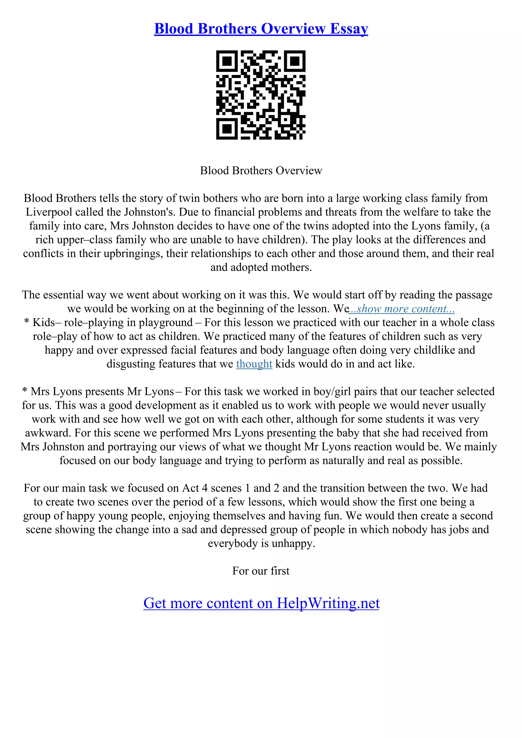 Blood Brothers Essay | PDF