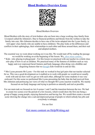 Blood Brothers Essay | PDF