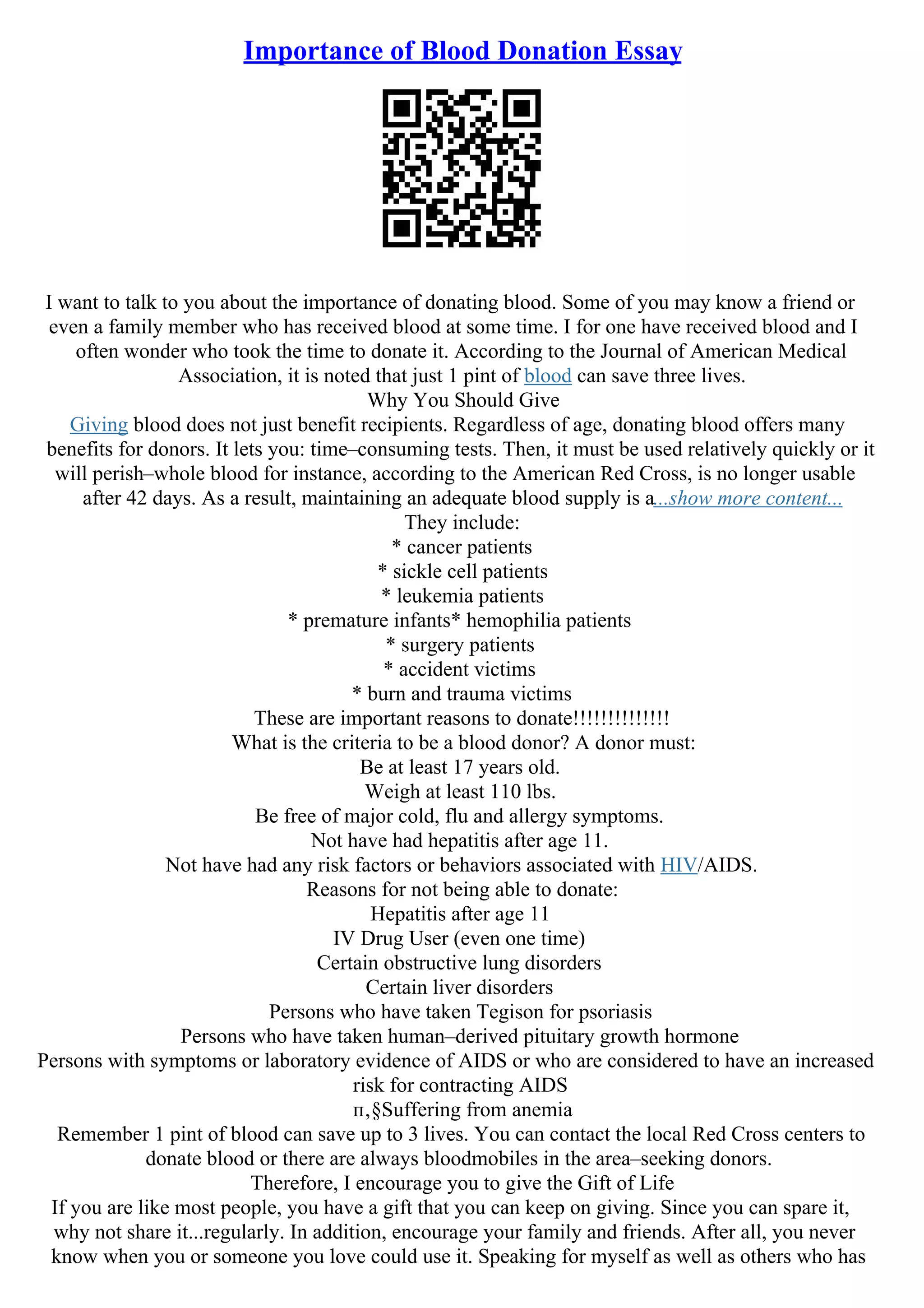 Blood Donation Essay | PDF