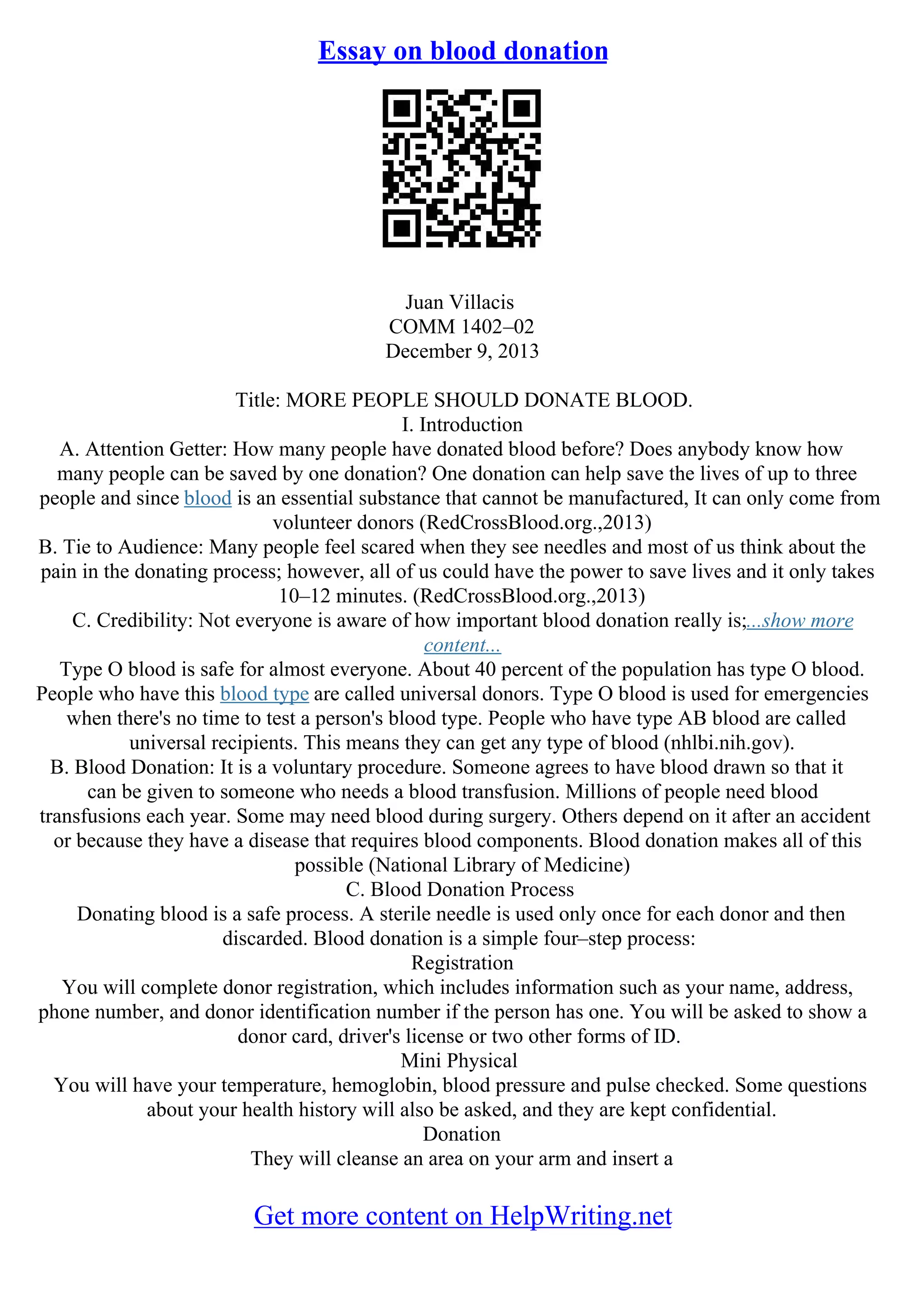 Blood Donation Essay | PDF