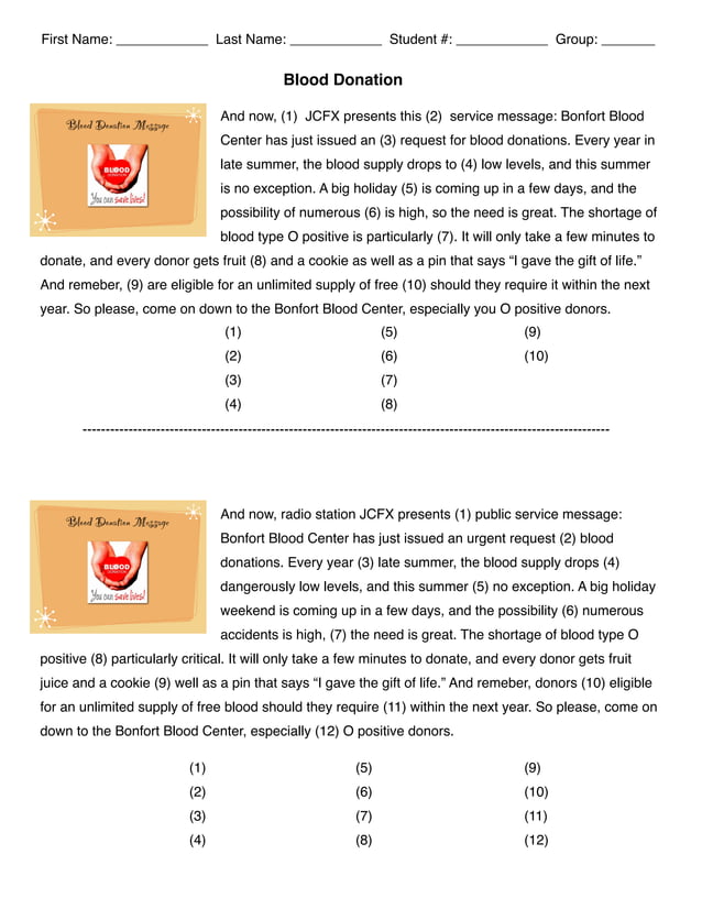 Blood donation worksheet | PDF